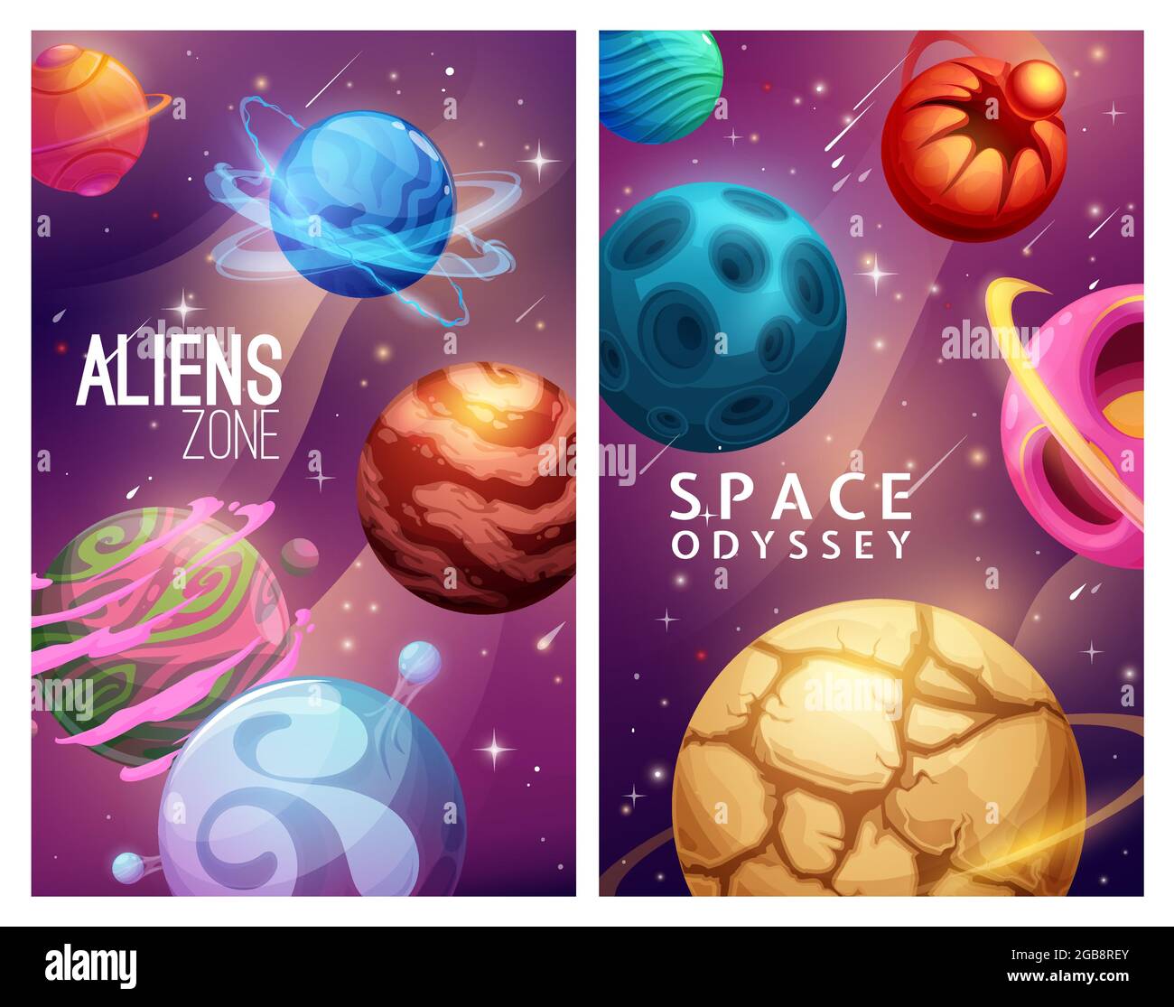 Aliens zone and space odyssey. Cartoon galaxy planets and stars ...