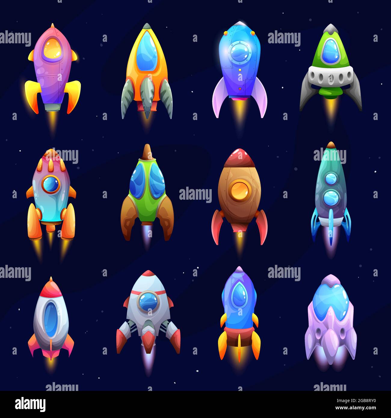 Cartoon spacecraft, rockets and spaceships. Vector space ships, fantasy ...