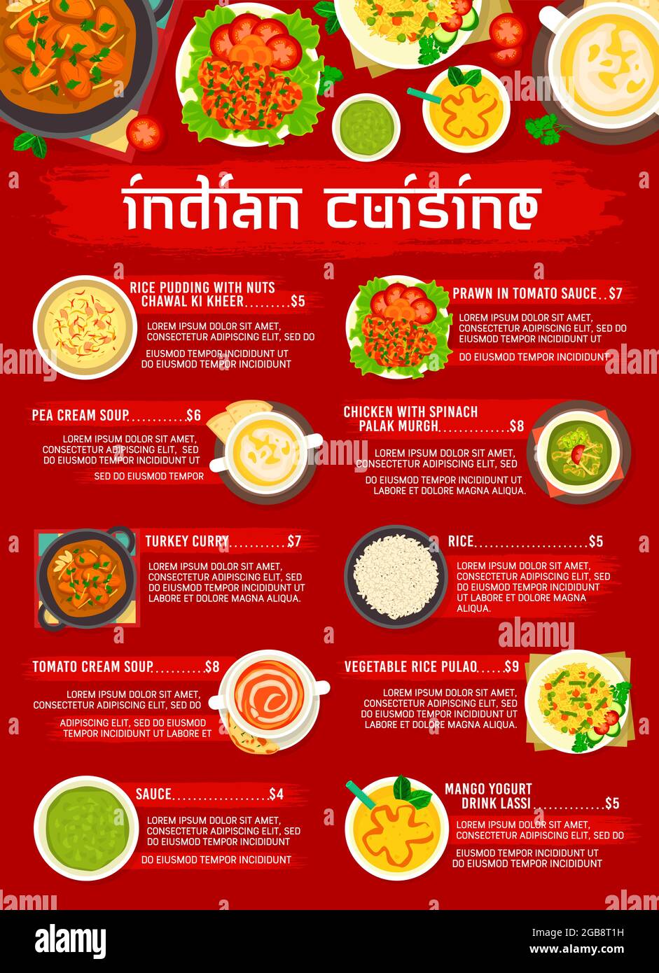 Indian cuisine menu page template. Mango yogurt Lassi, turkey curry and ...