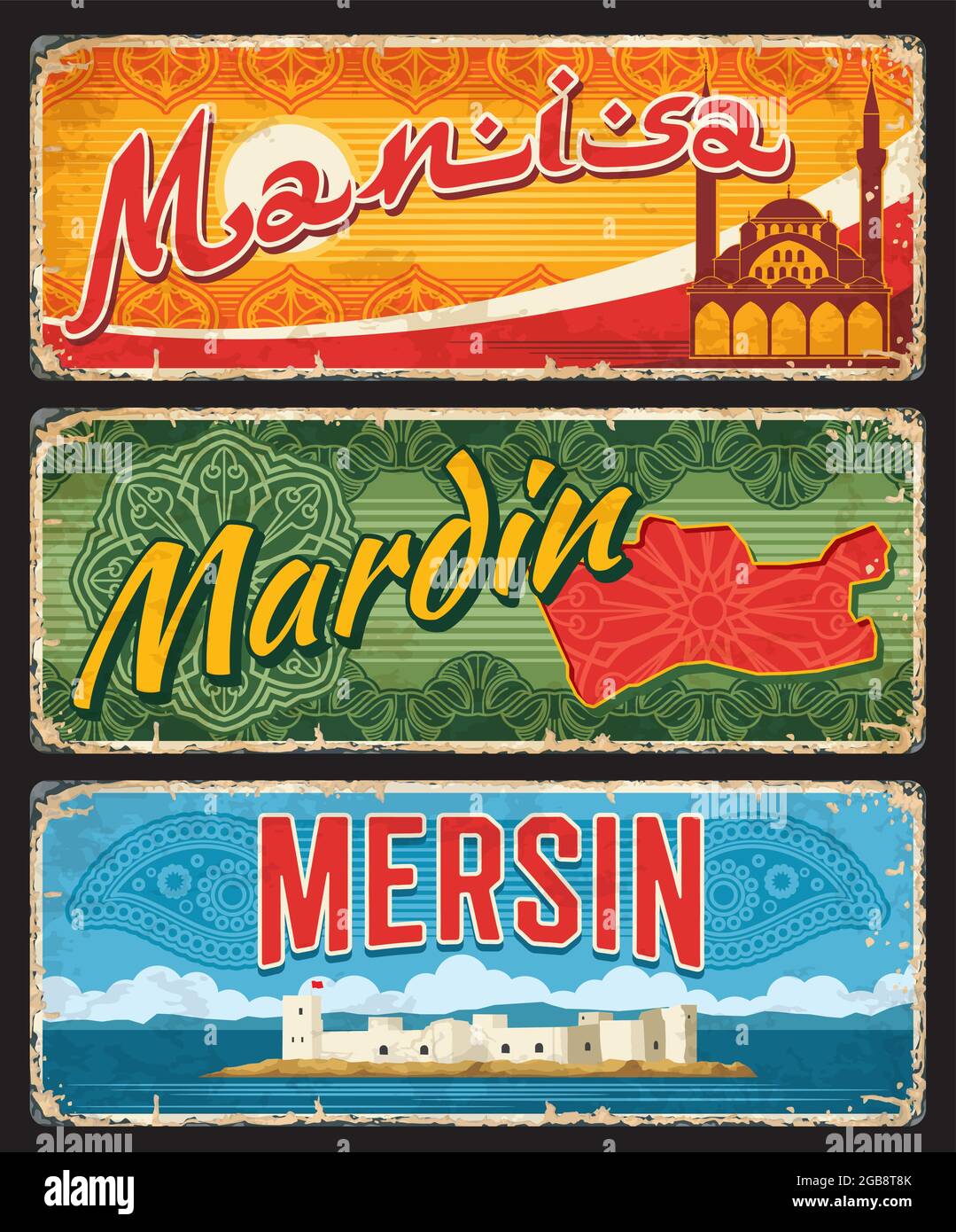 Mersin, Mardin and Manis Turkey province signs, vector plates. Turkish ...