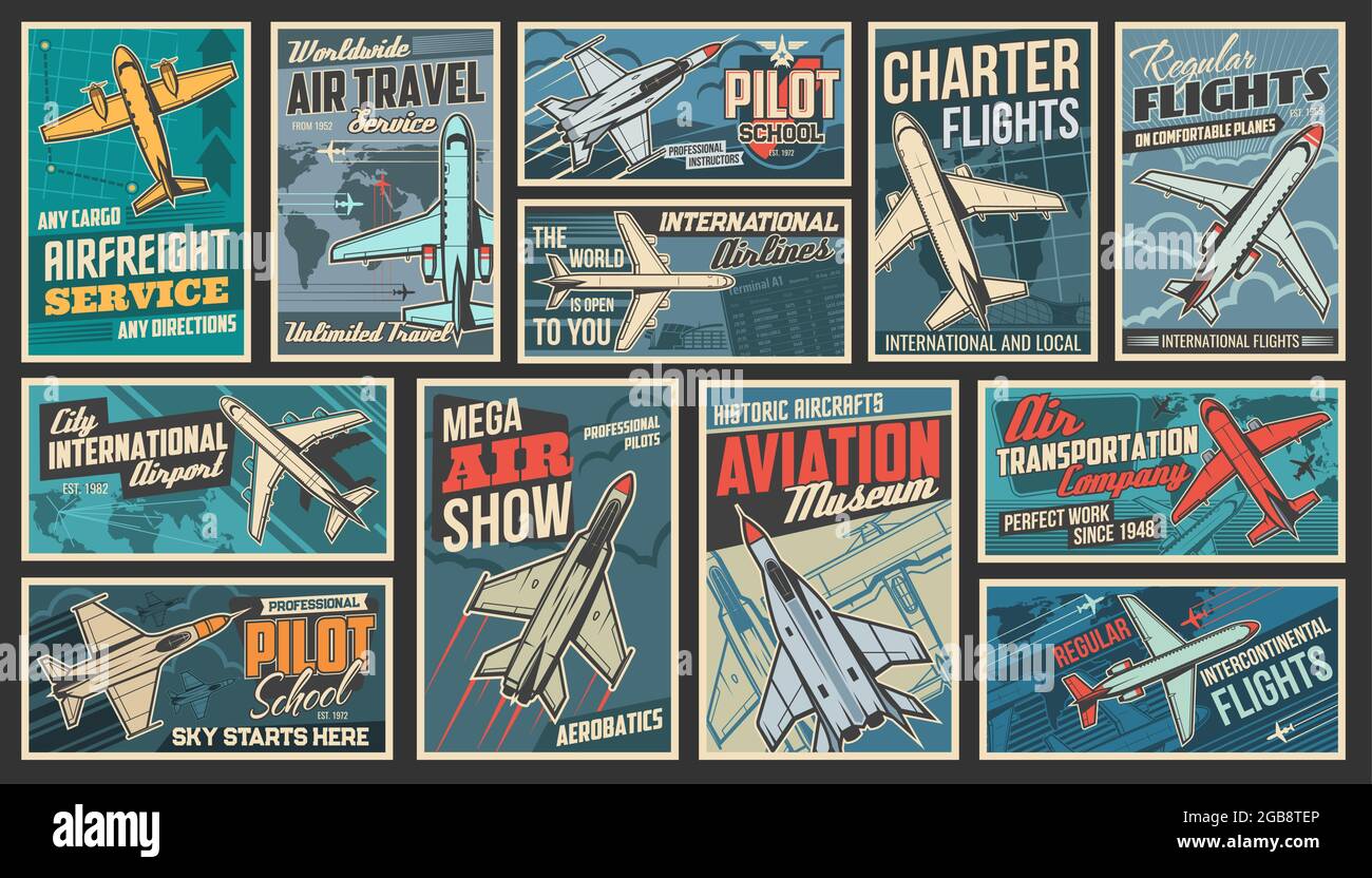 Aviation and modern air transport retro posters set. Airfreight service ...