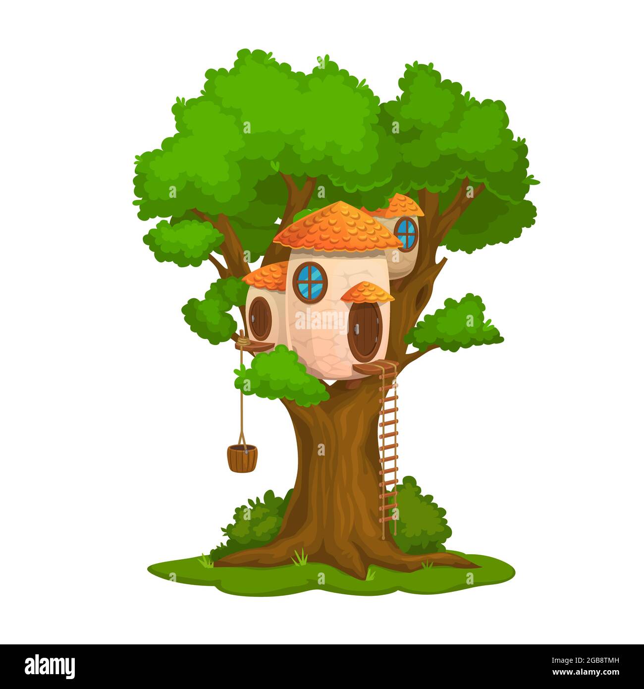 Cartoon fairy house or dwelling on oak tree, vector dwarf or elf home ...