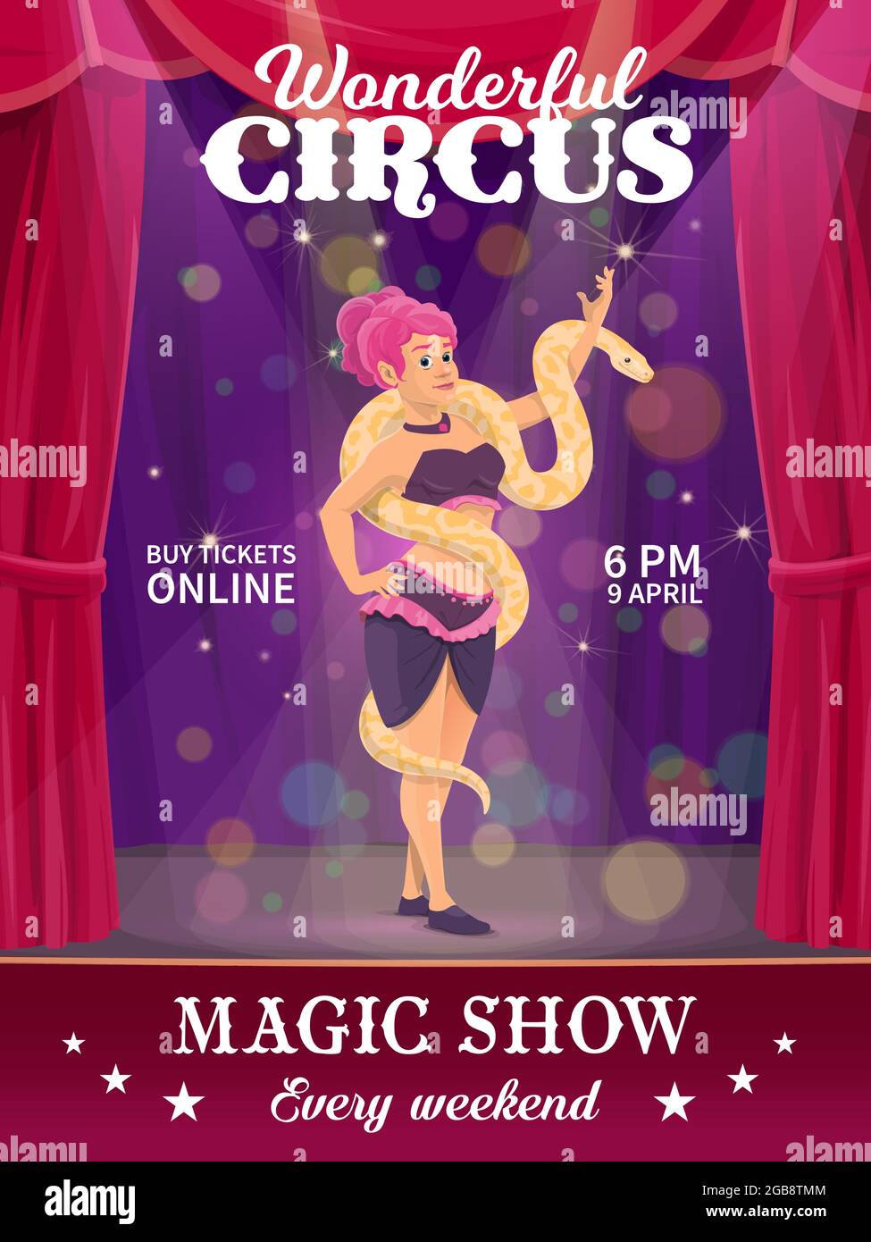 Shapito circus poster, woman with snake performing on big top arena ...