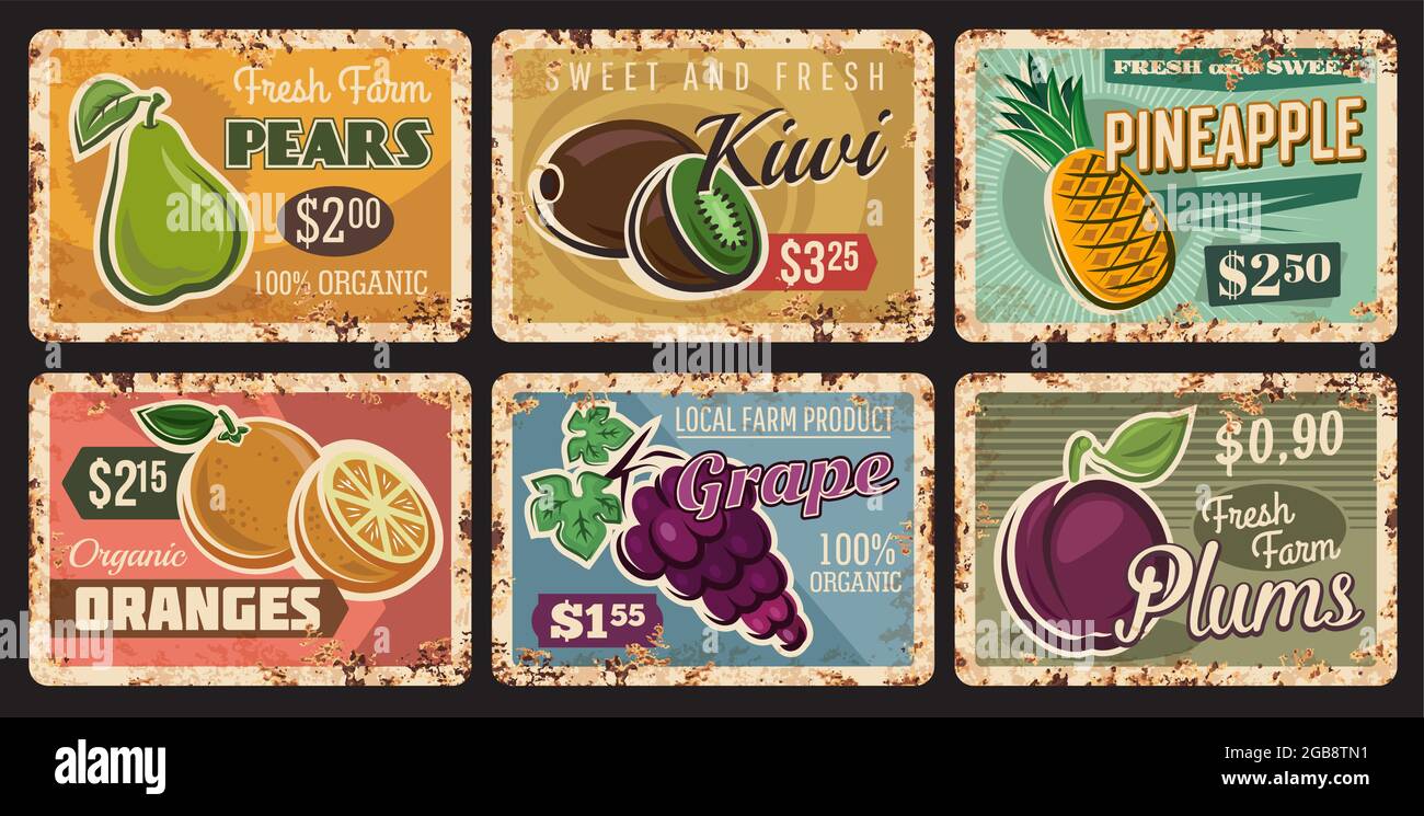 Fruits, farm market price cards on metal plates rusty, vector vintage ...