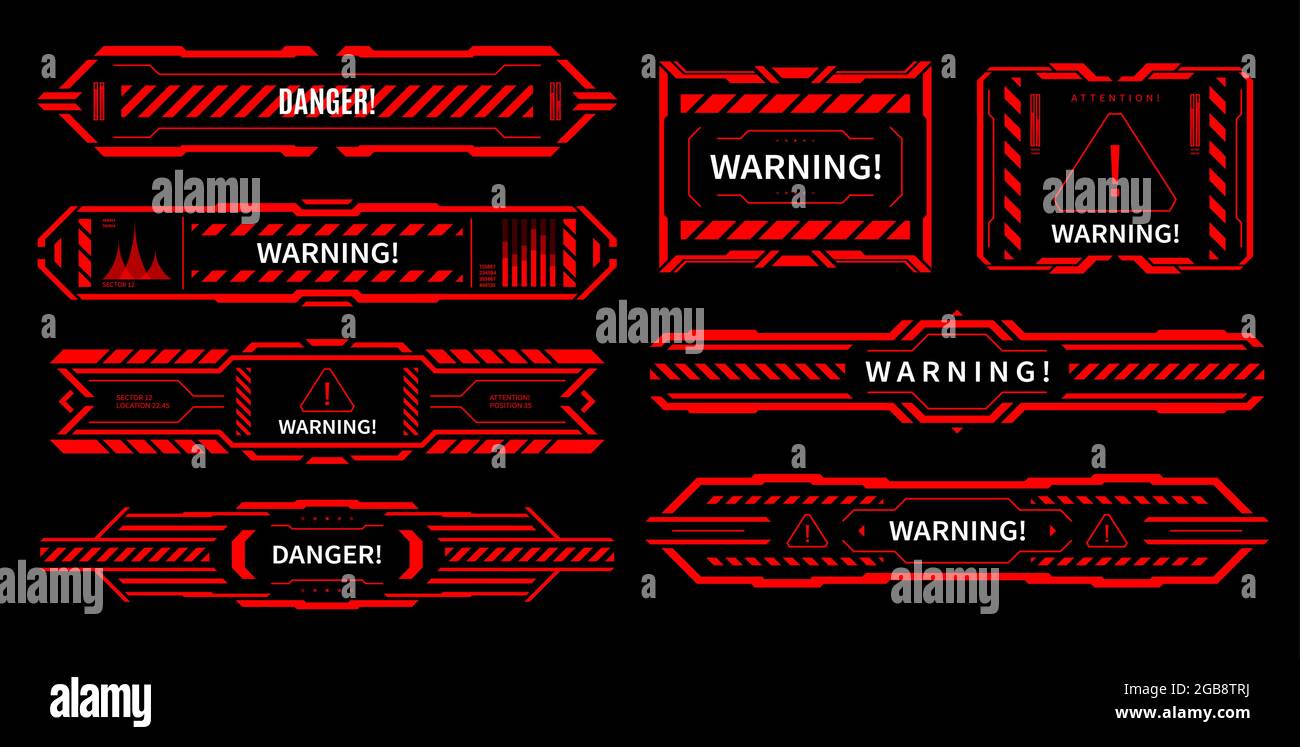 HUD danger and alert attention red interface signs. Vector warning ...
