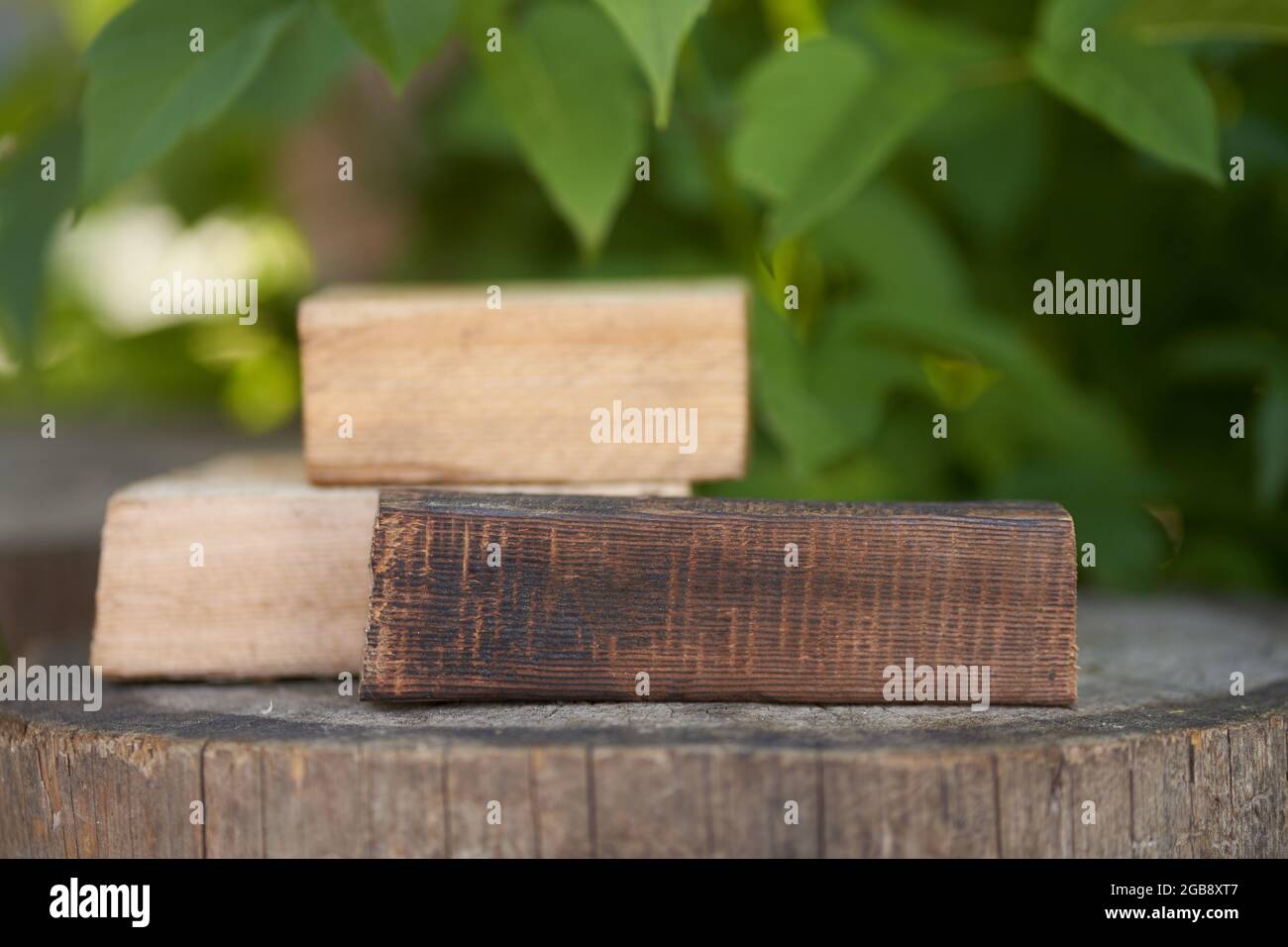 Wooden podium on a green background. Flat square stands or podium for a ...