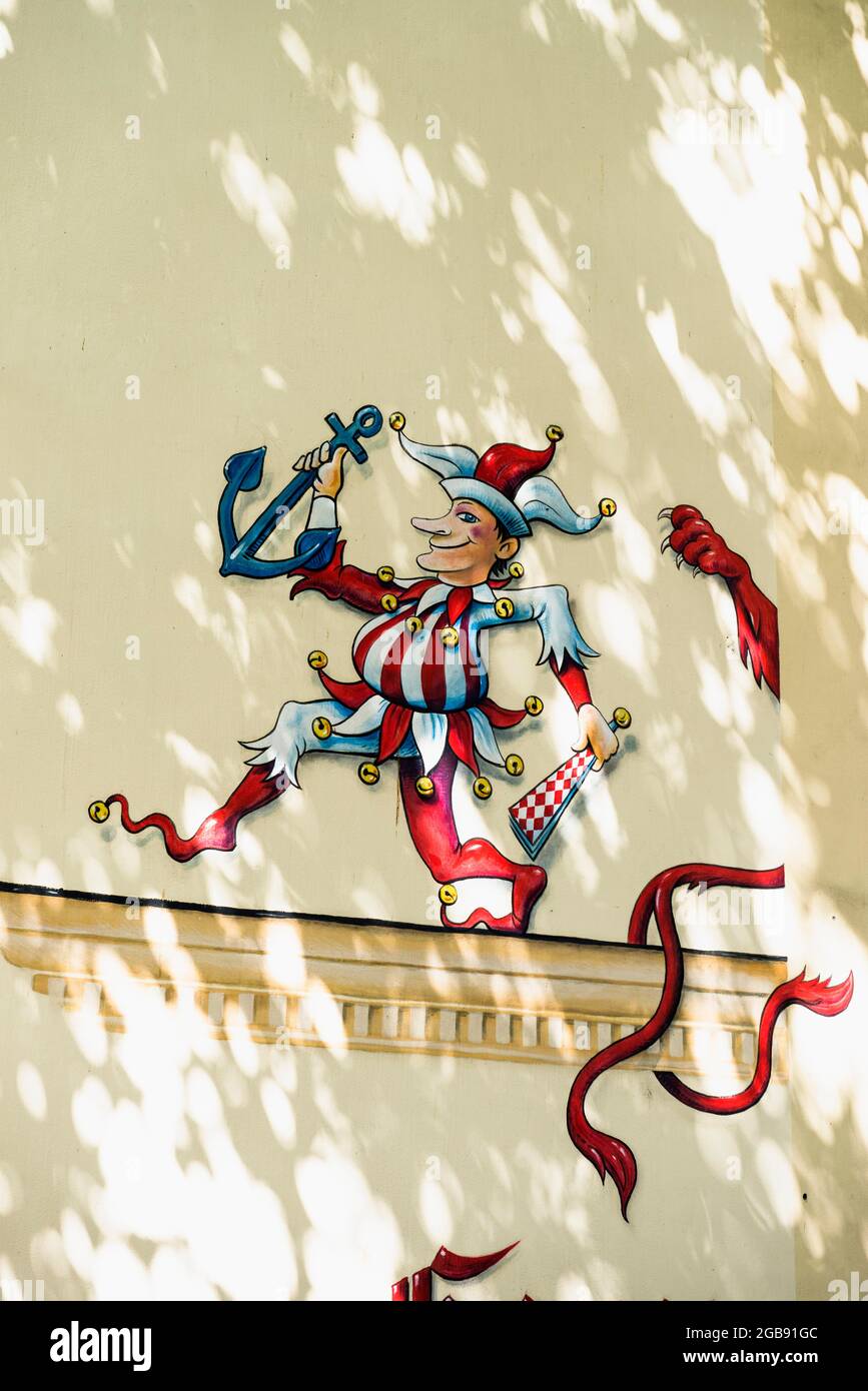 Mural with jester, House of Carnival, Duesseldorf, North Rhine ...