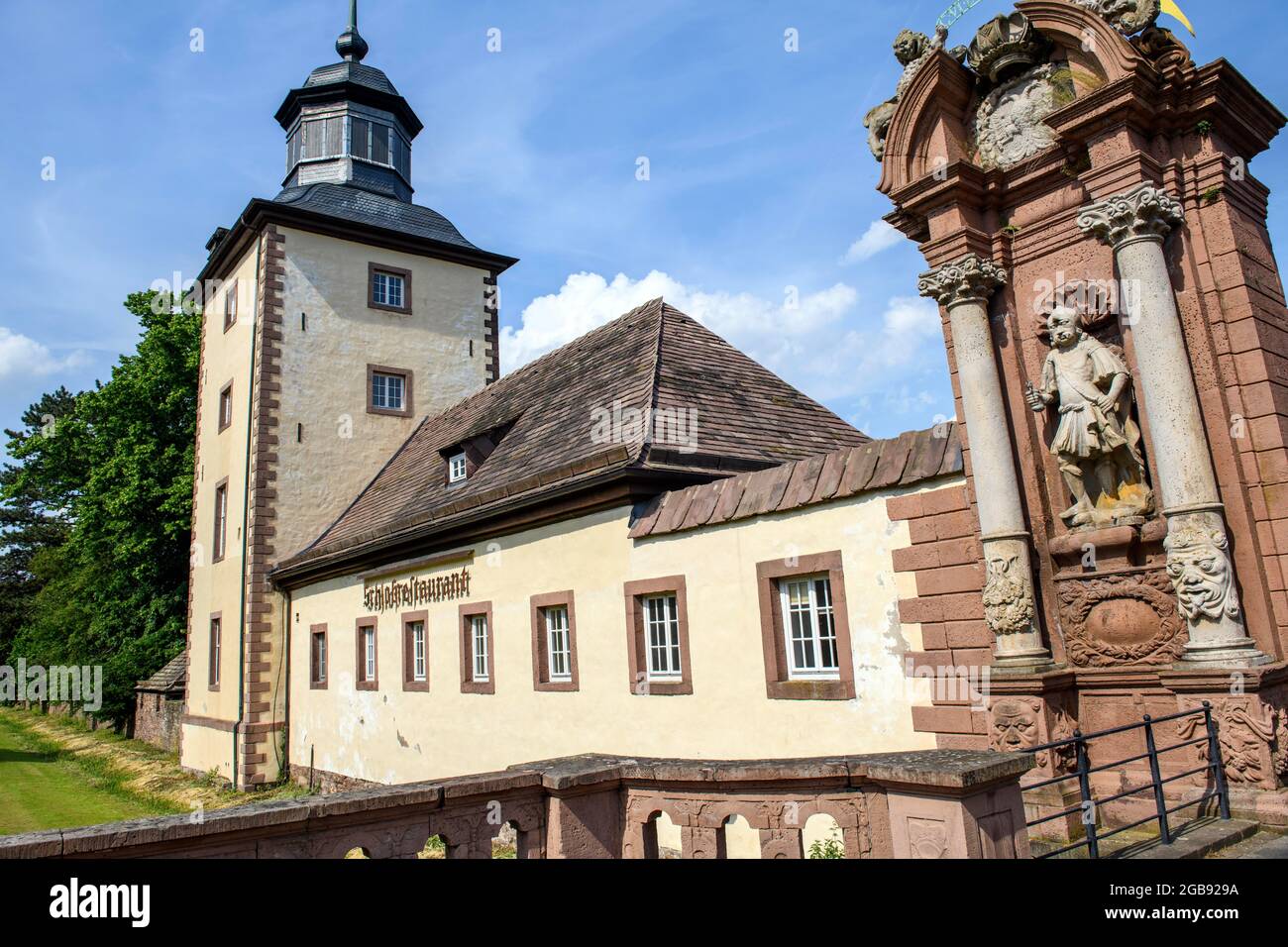 Pillar of main entrance of Corvey Castle and Monastery, next to castle ...