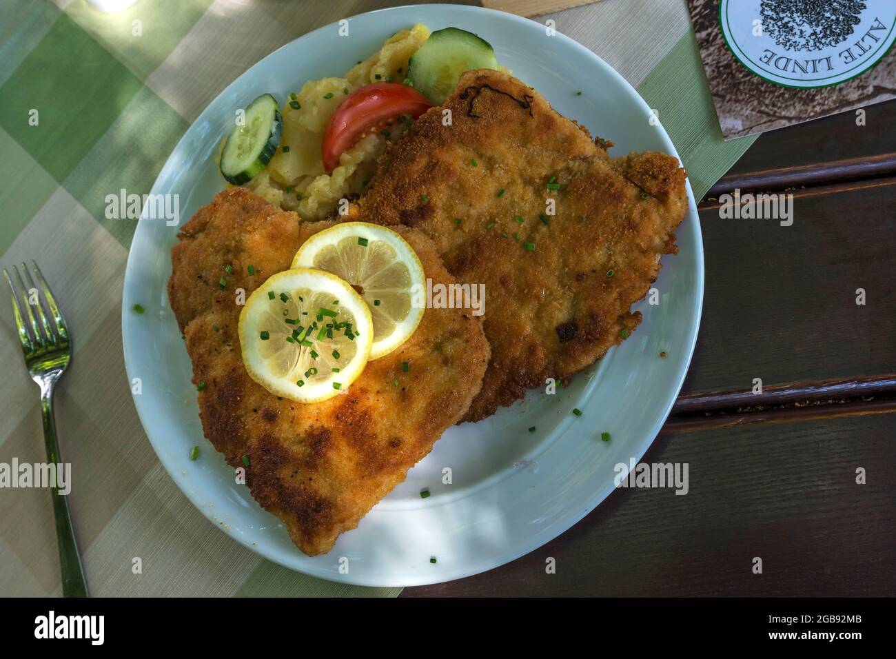 Wiener Schnitzel with potato salad on a plate, Regensburg, Upper ...