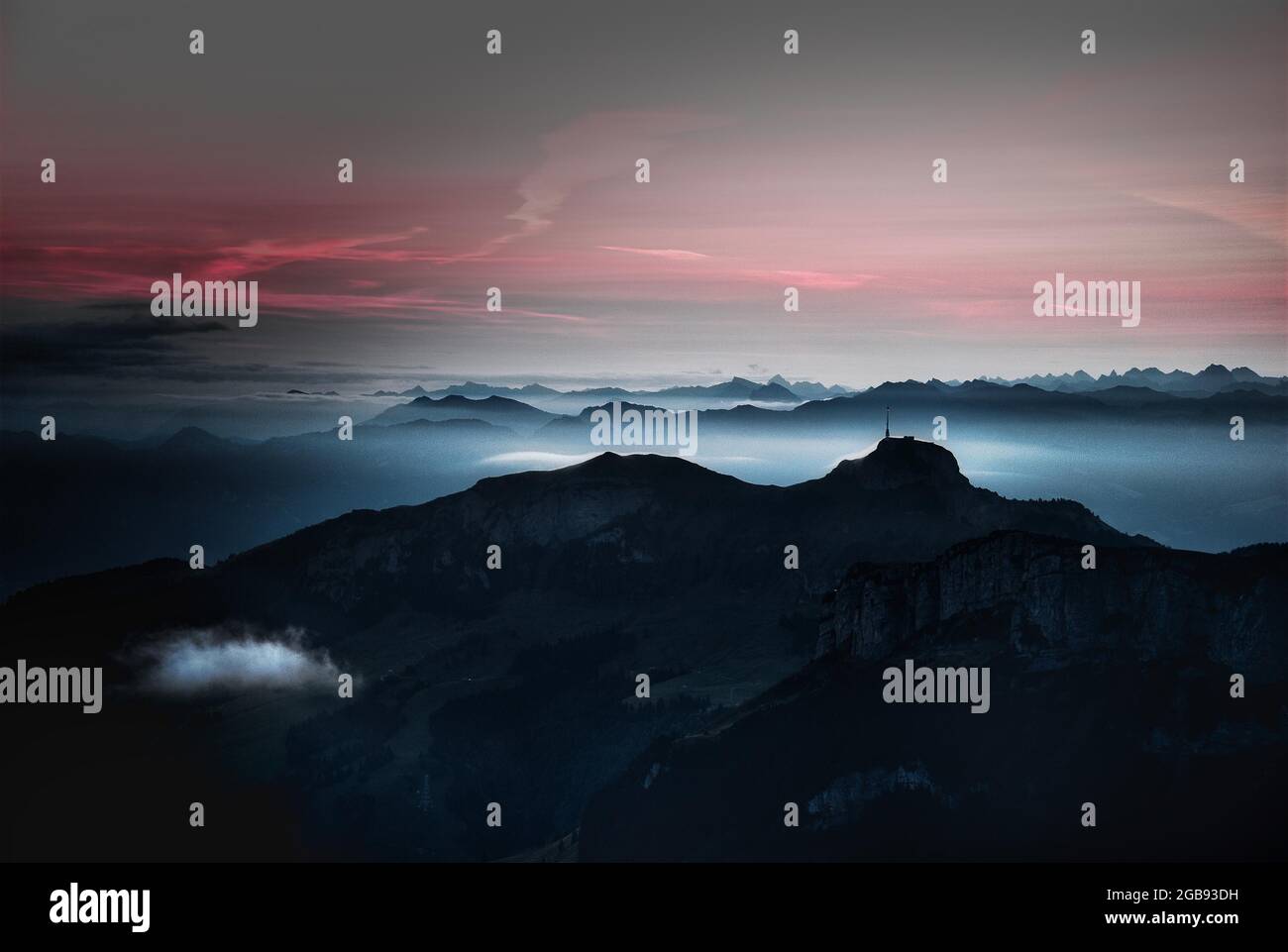 Sunrise and fog over mountains towards Lake Constance from summit ...