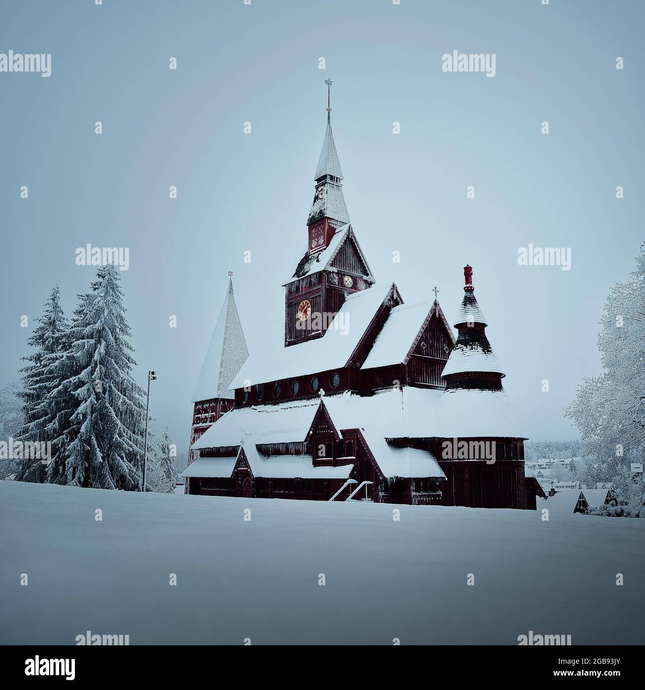 Snow and Stave Church Hahnenklee in winter, Golar, Harz National Park ...
