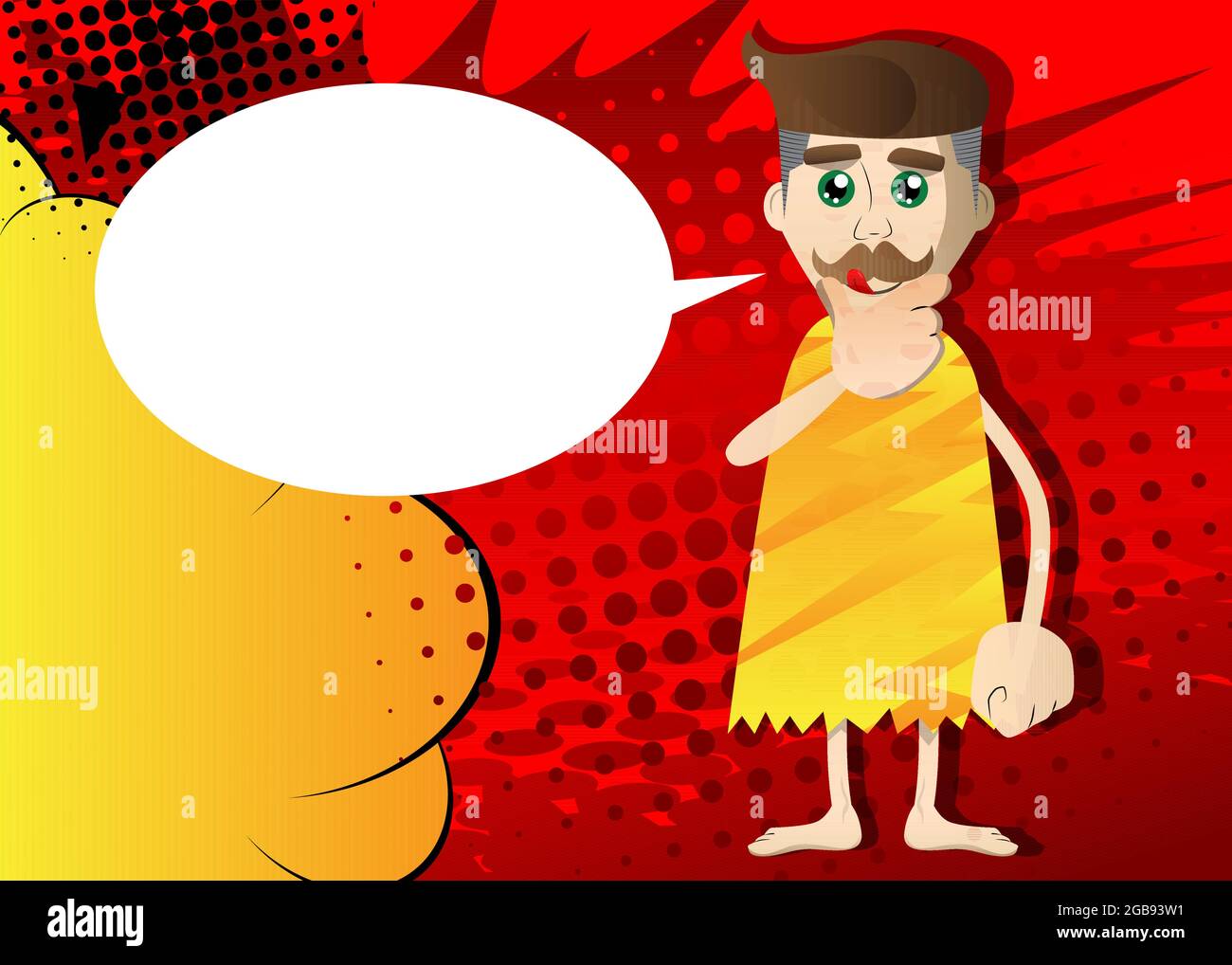 Cartoon prehistoric man thinking. Holding his chin with his hand ...