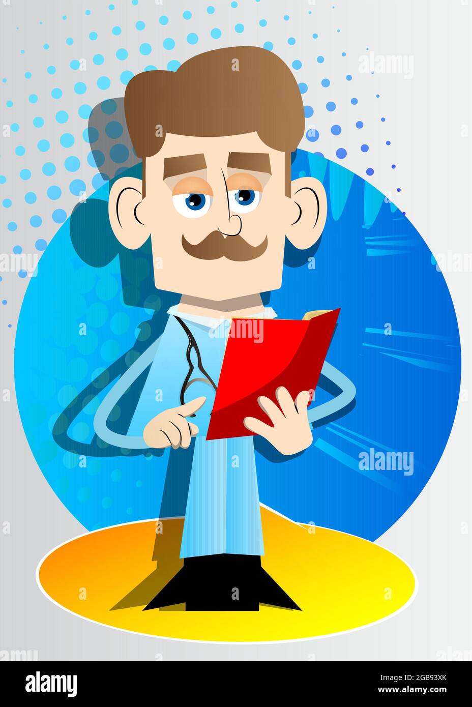 Funny cartoon doctor reading and pointing at an opened book. Vector ...
