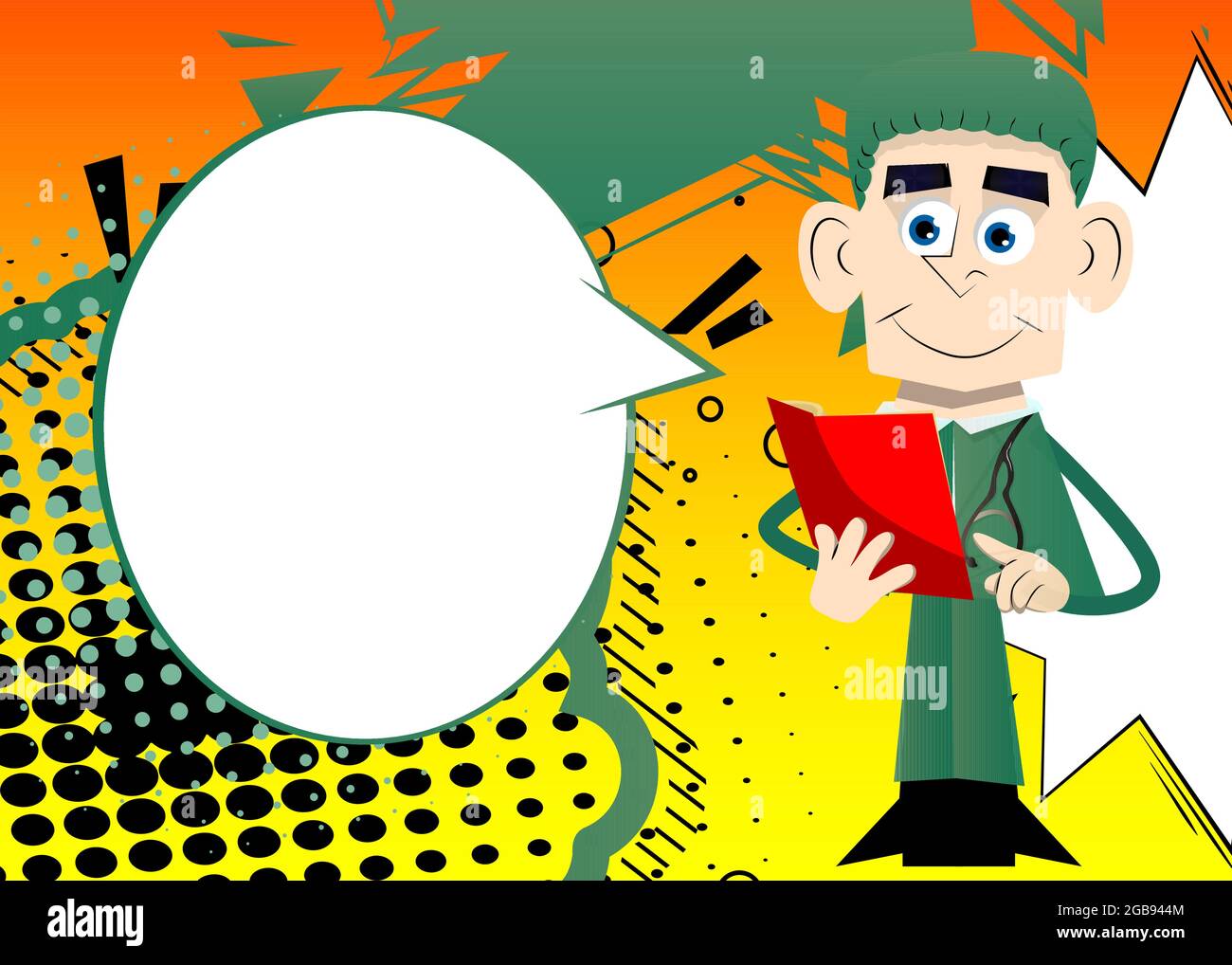 Funny cartoon doctor reading and pointing at an opened book. Vector ...