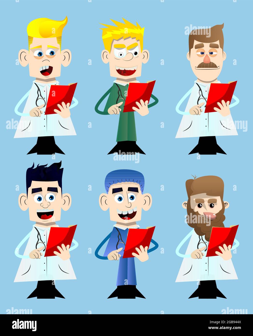 Funny cartoon doctor reading and pointing at an opened book. Vector ...