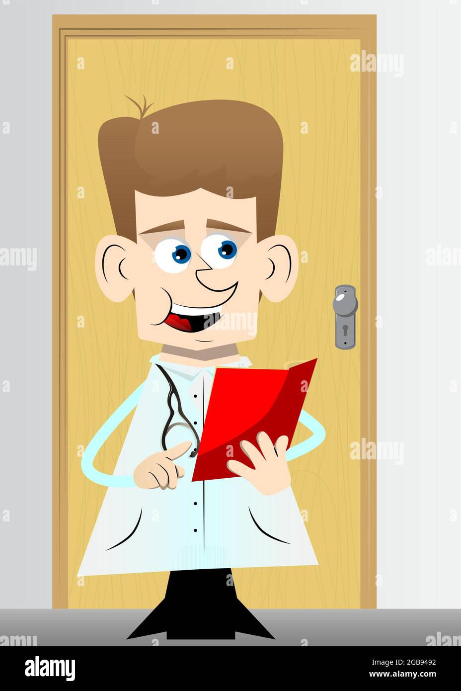 Funny cartoon doctor reading and pointing at an opened book. Vector ...