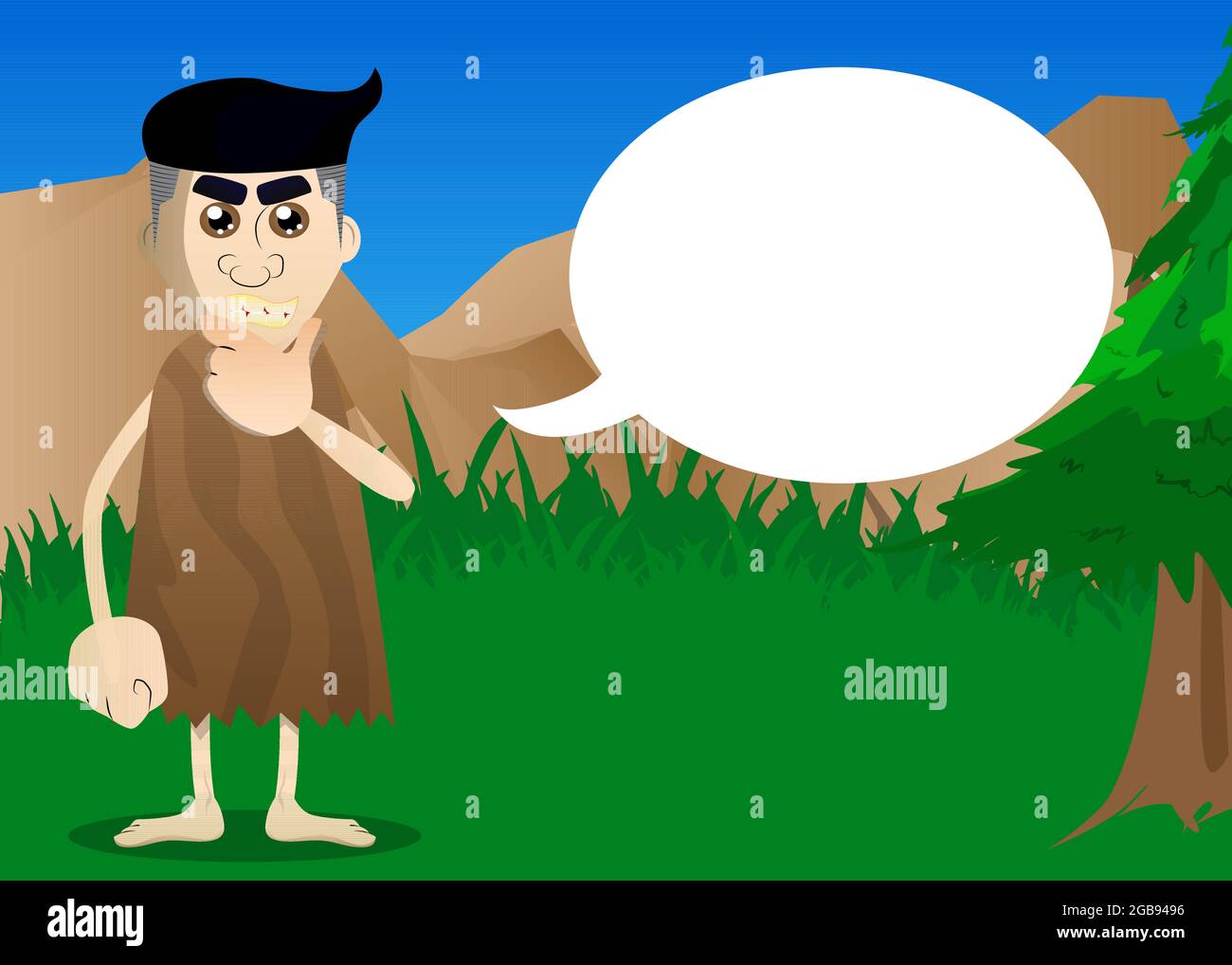 Cartoon prehistoric man thinking. Holding his chin with his hand ...