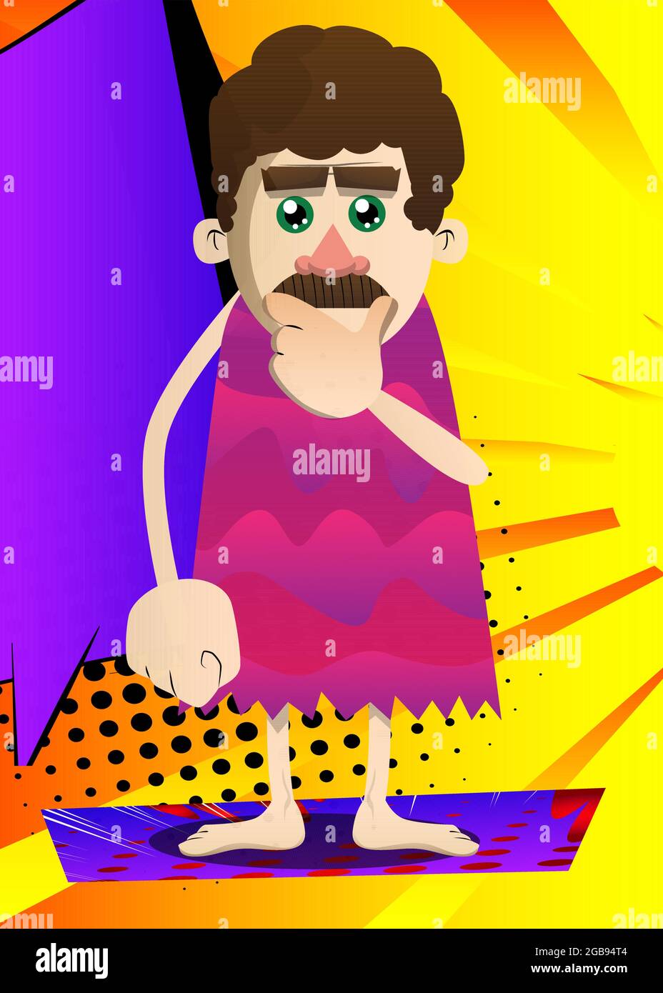 Cartoon prehistoric man thinking. Holding his chin with his hand ...