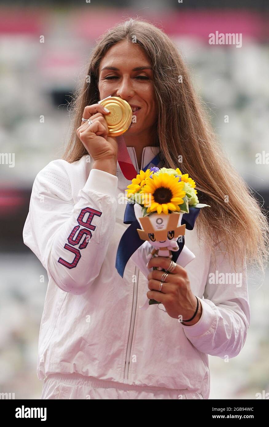Tokyo, Japan. 3rd Aug, 2021. Valarie Allman of the United States shows ...