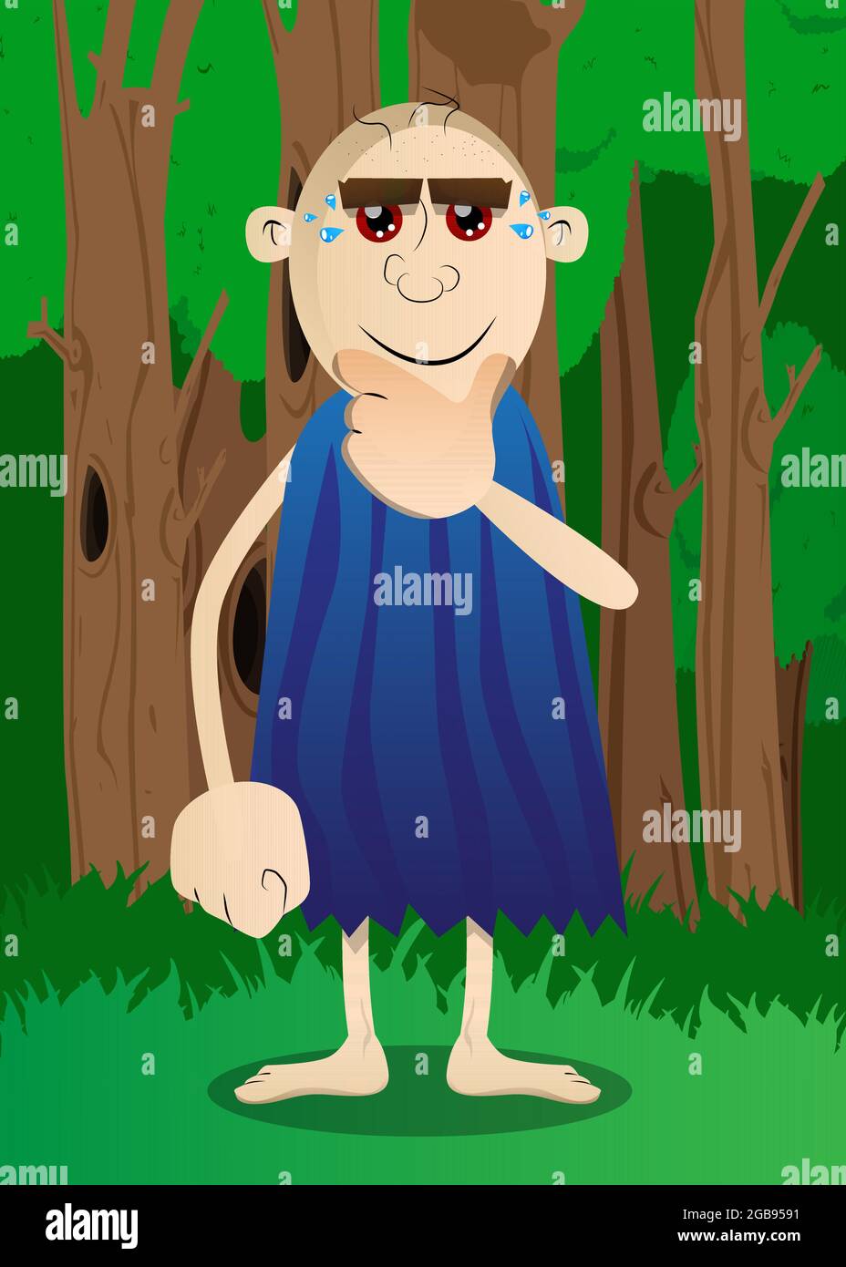 Cartoon prehistoric man thinking. Holding his chin with his hand ...