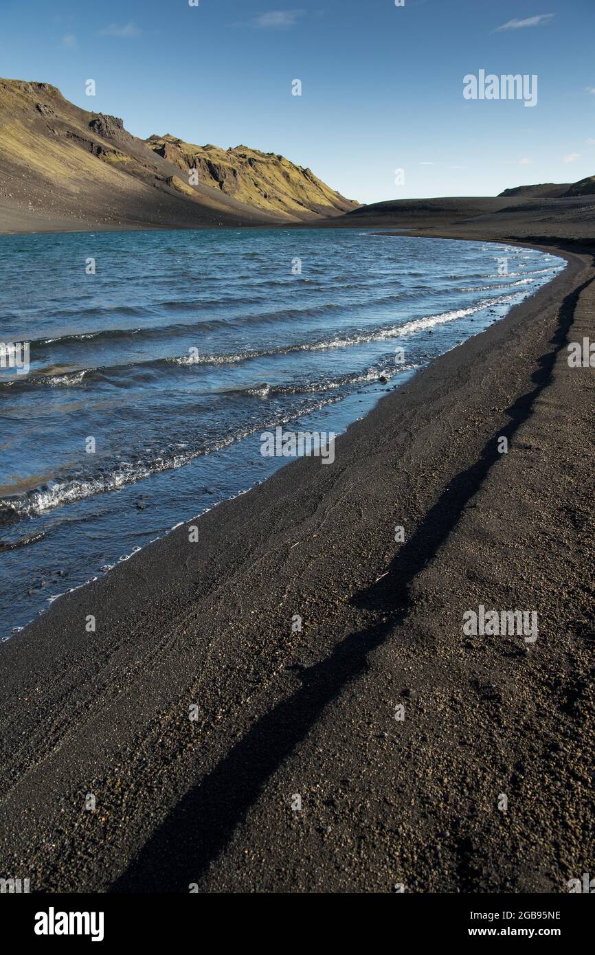 Sandy shore, waves, Lake Langisjor, Skaftarhreppur, Icelandic Highlands ...