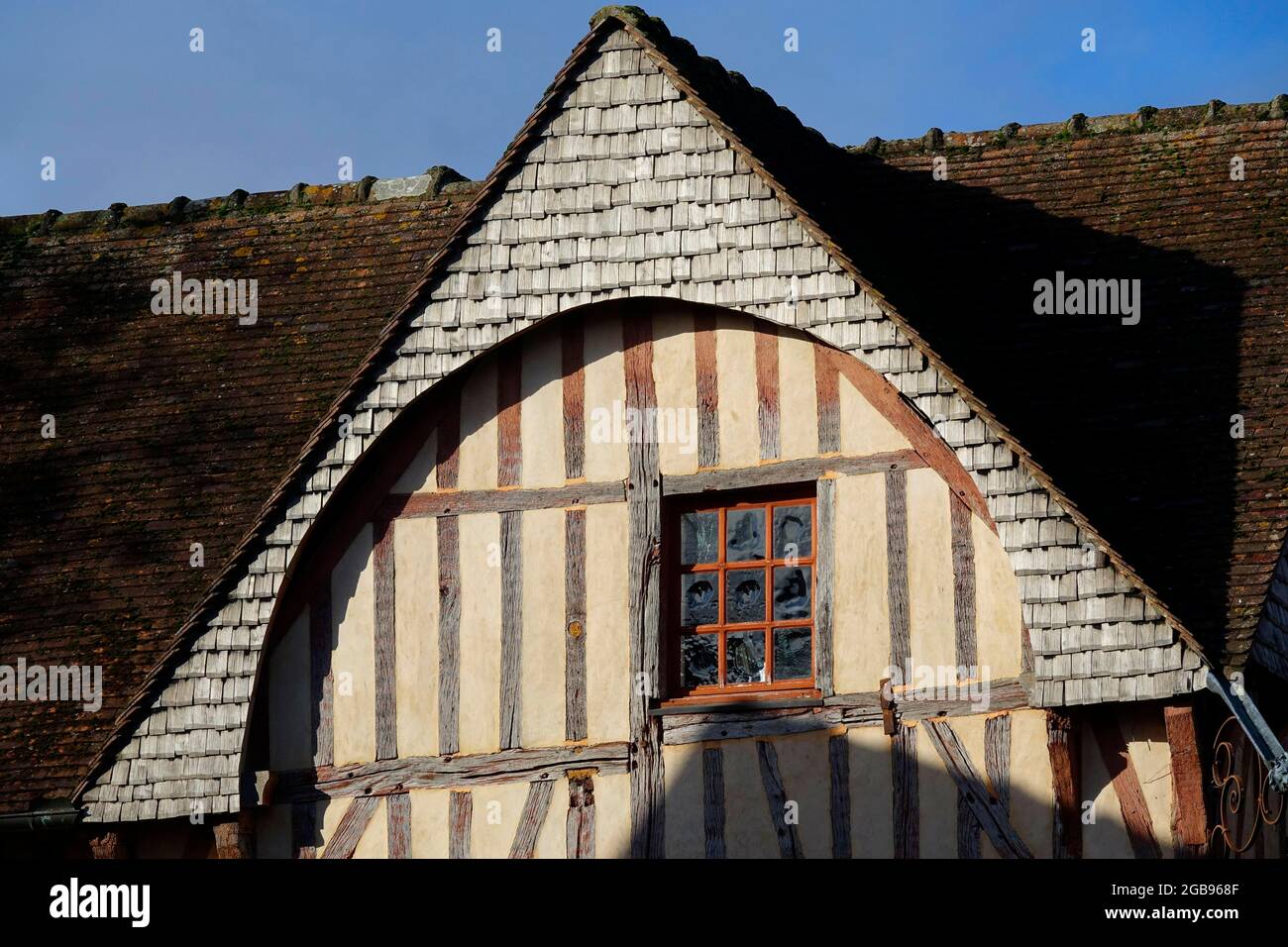 Gable of a half-timbered house on the Place du Chatel, medieval town of ...