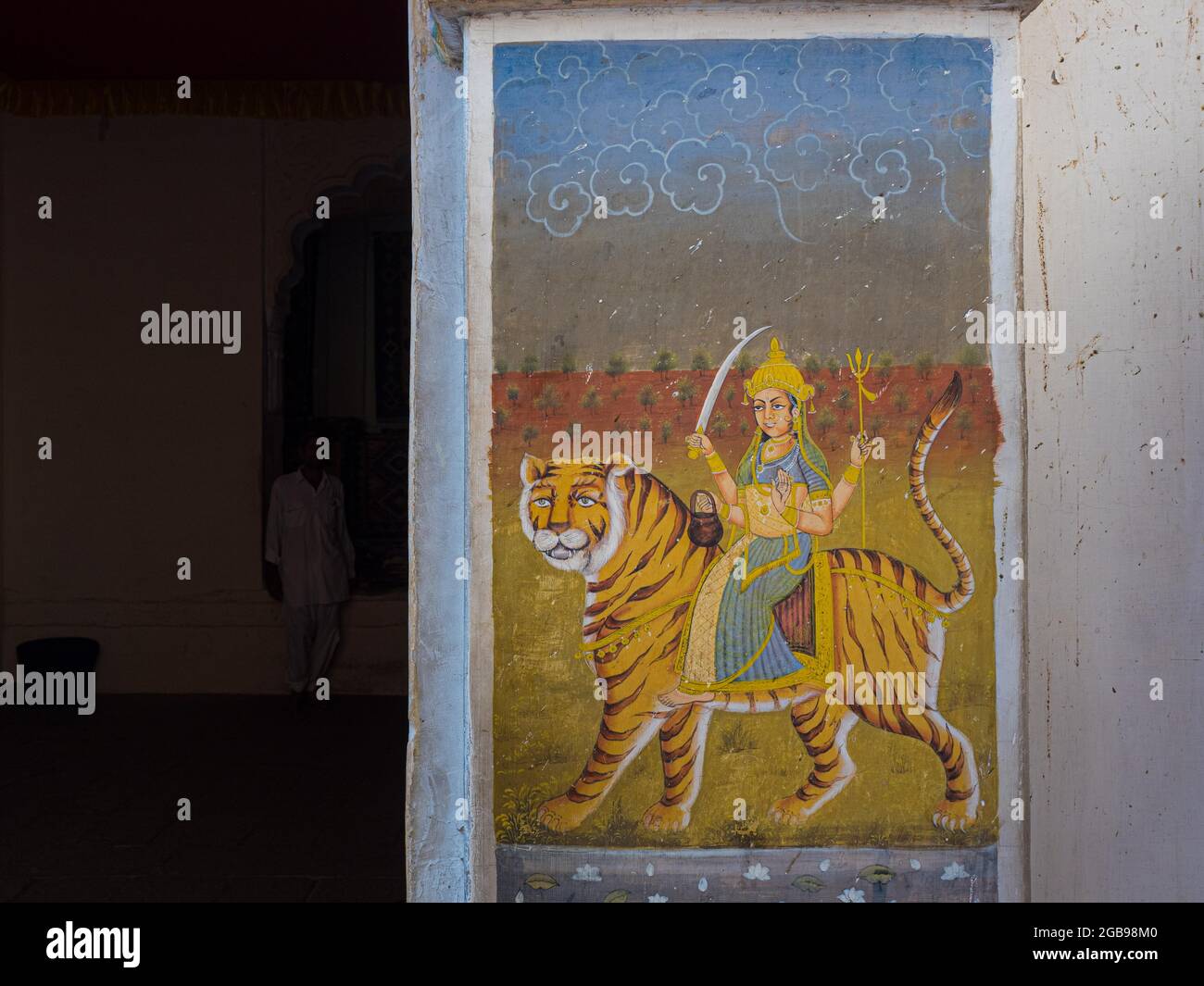 Person riding a tiger, traditional motif, fresco, Mehrangarh Fort ...