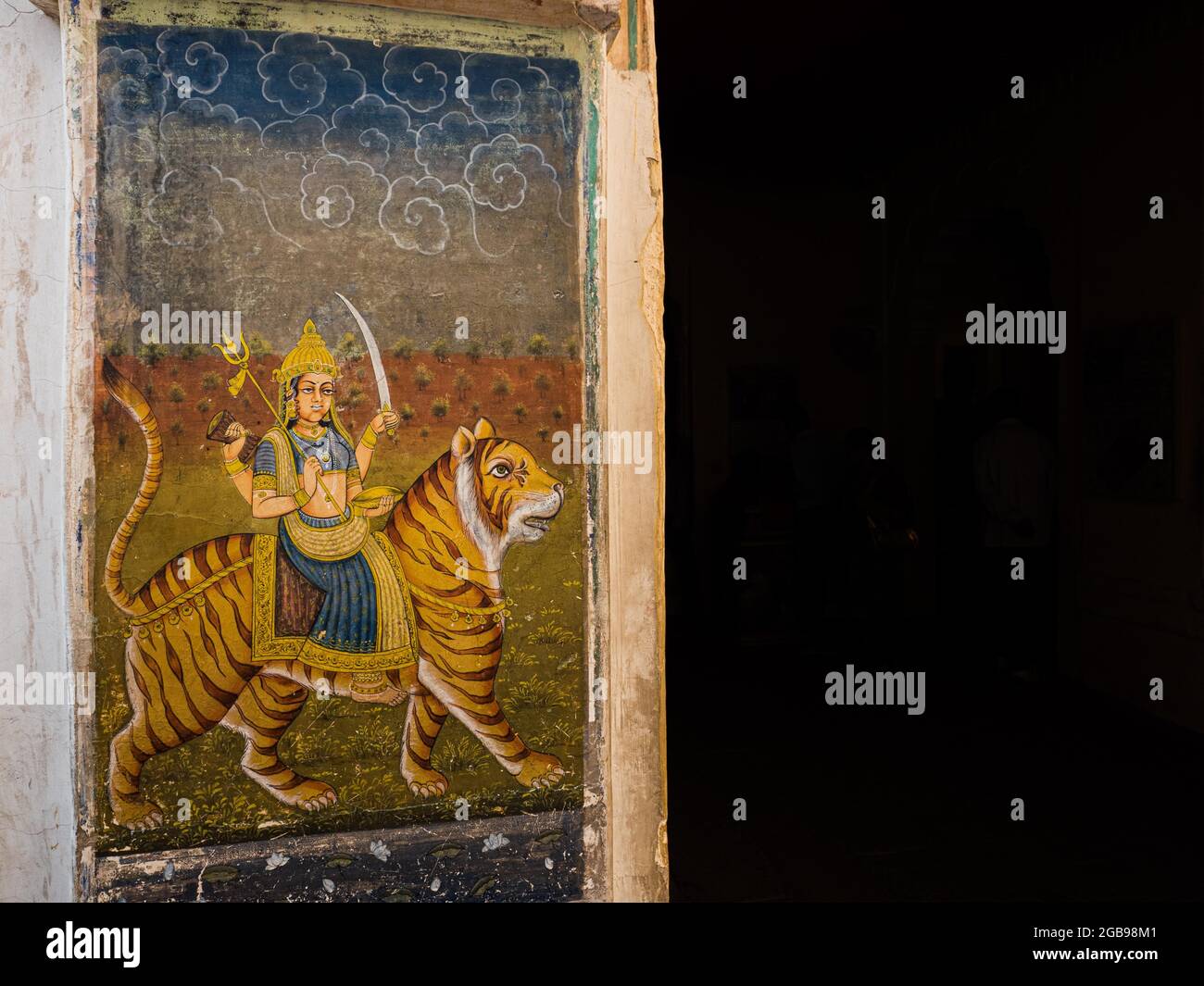 Person riding a tiger, traditional motif, fresco, Mehrangarh Fort ...