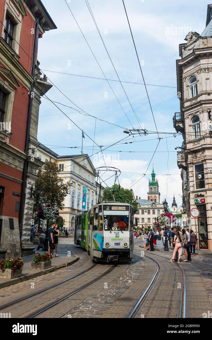 Tram in the center of the Unesco sight the town Lviv, Ukraine Stock ...