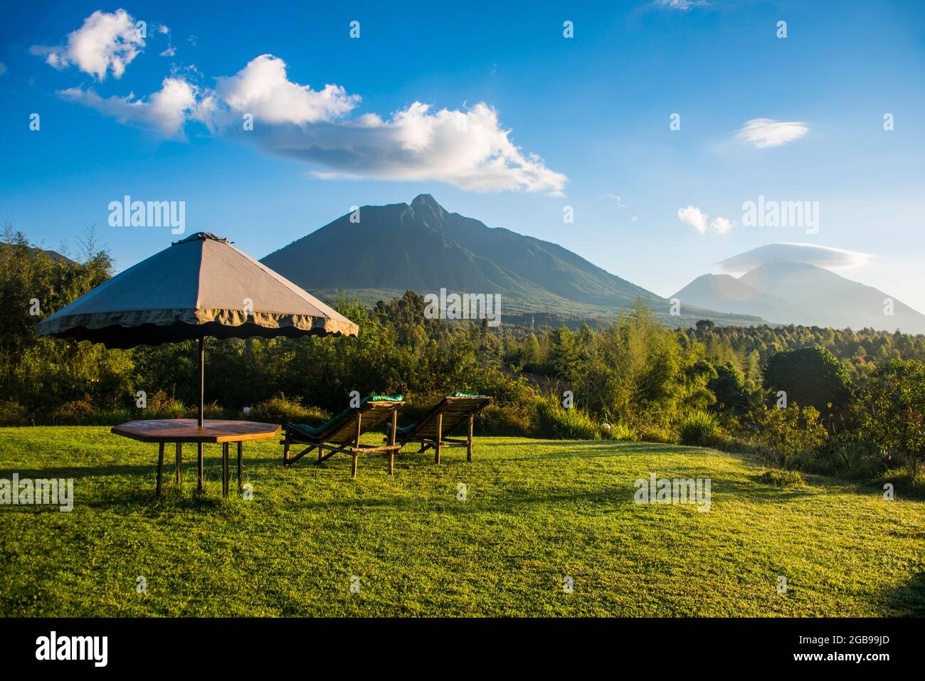 Sun umbrella and loungers in a luxury hotel in the Virunga National ...
