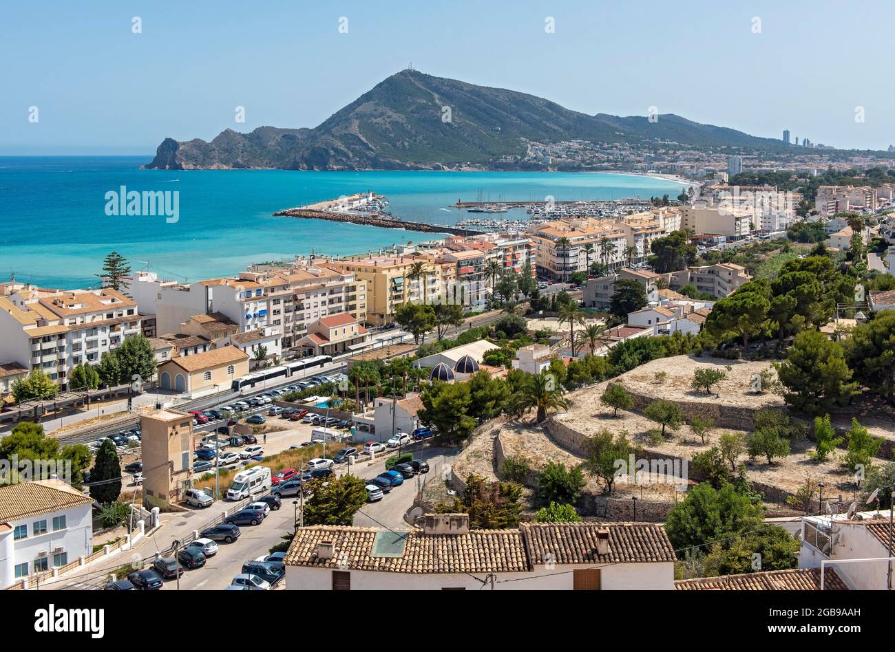 View of seaside Altea from Mirador de la Plaza de la Iglesia in Old ...