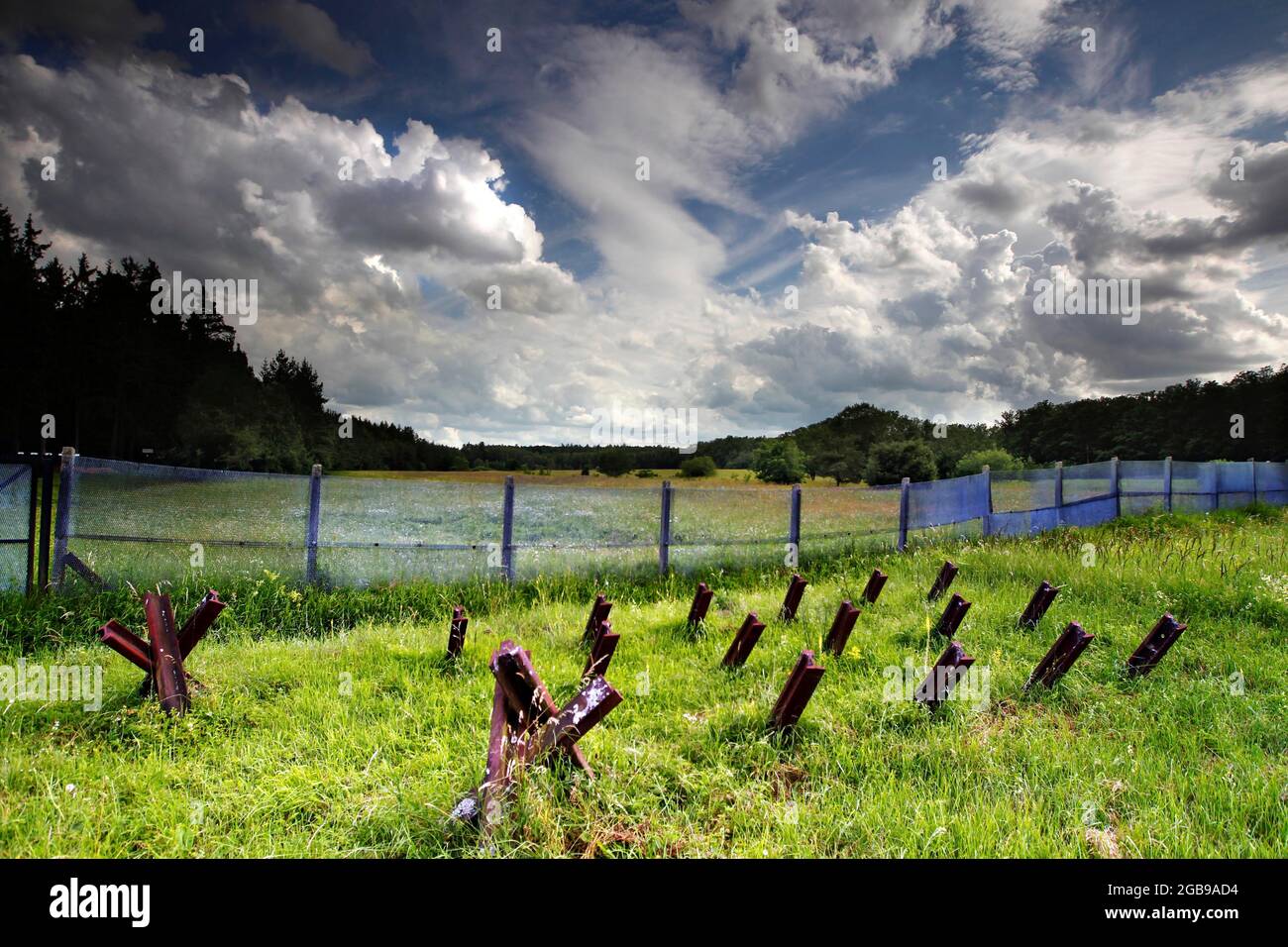 Border fortification with motor vehicle barrier, tank barriers, Spanish ...