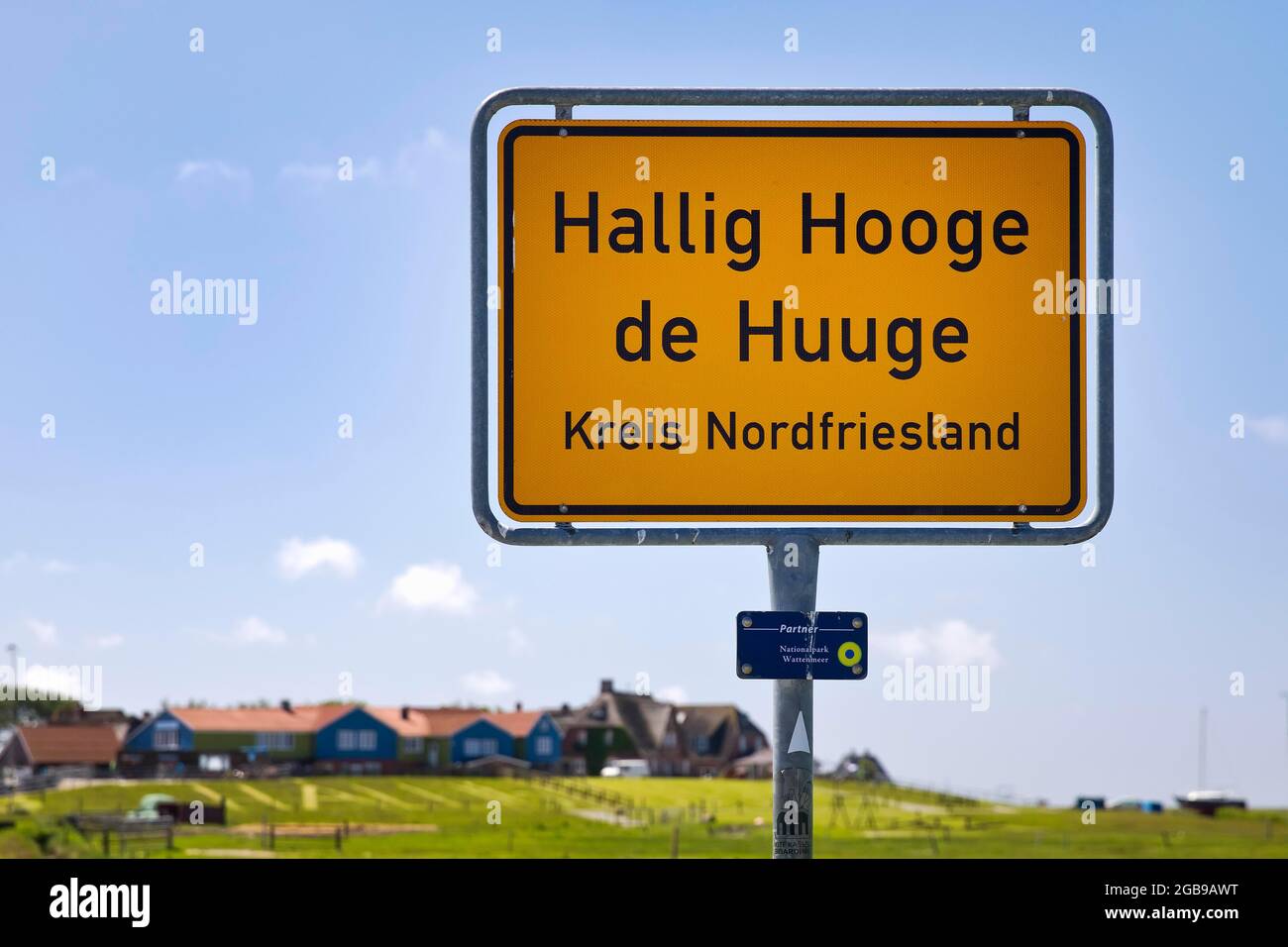 Bilingual town entrance sign, German and Frisian, Hallig Hooge, North ...