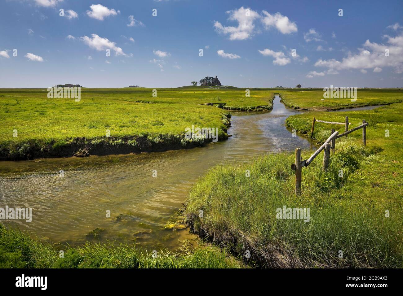 Marsh landscape with drainage ditches and terps, Hallig Hooge, North ...