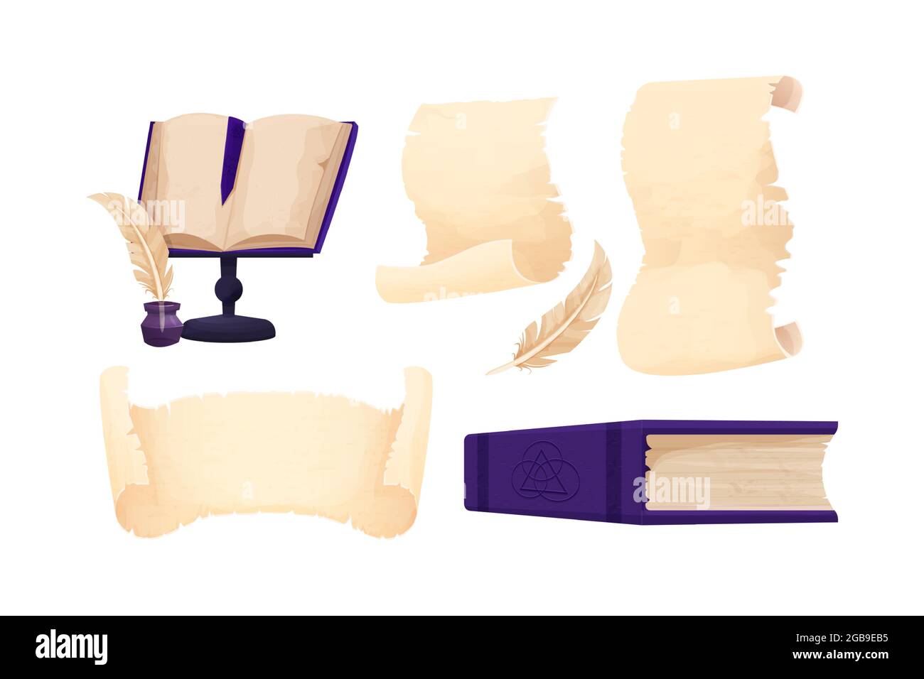 Set Old scroll of parchment, papyrus and feather pen, mystic book in ...