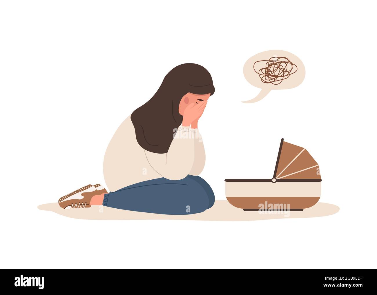 Postpartum depression. Arab tired woman leaning over newborn baby and ...