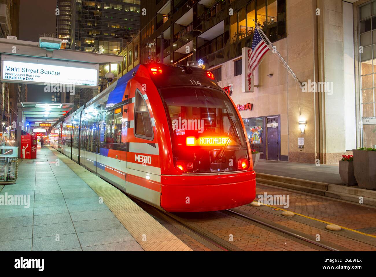 Houston METRORail cars at Main Street Square at night in downtown ...