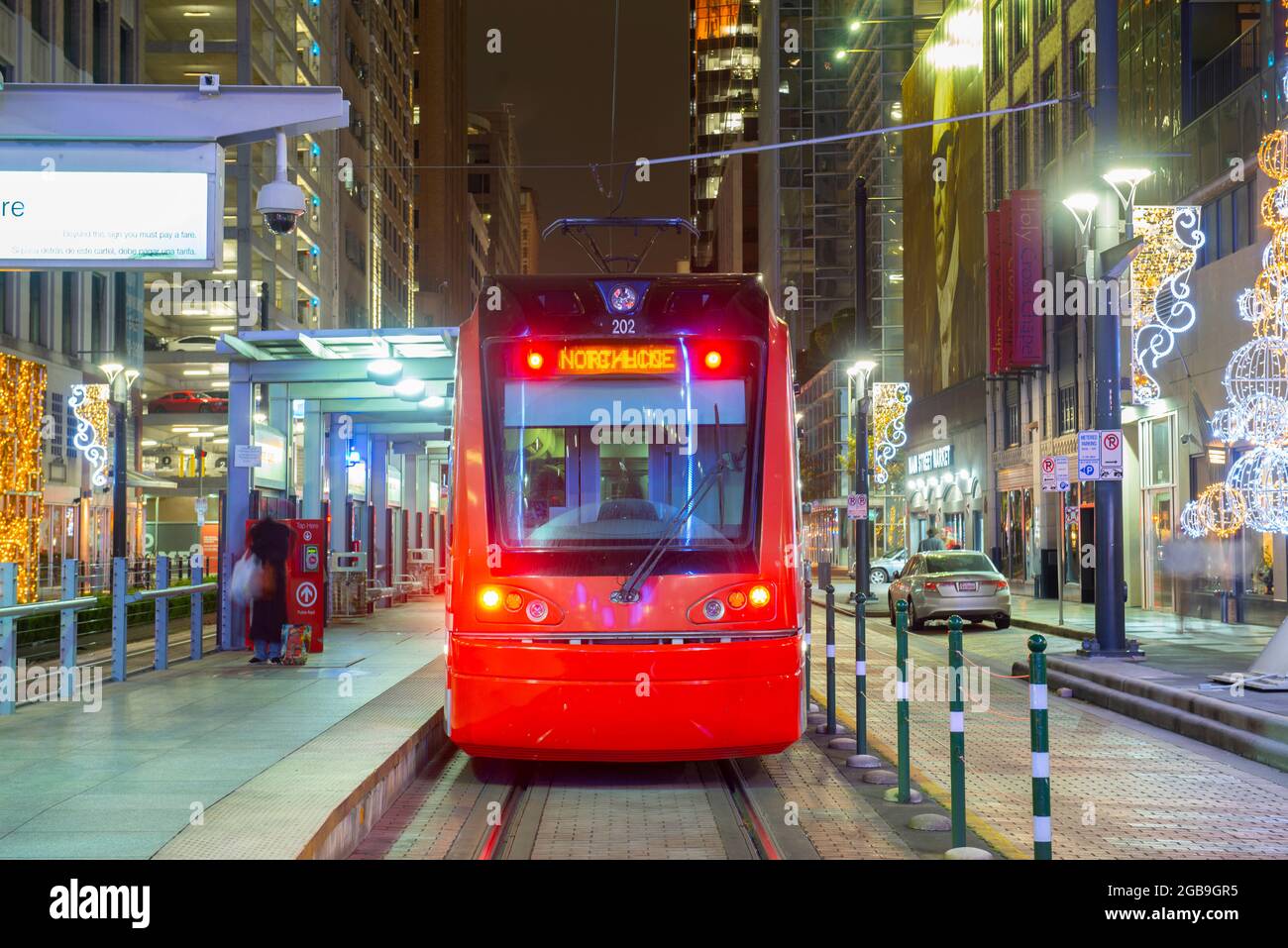 Houston METRORail cars at Main Street Square at night in downtown ...