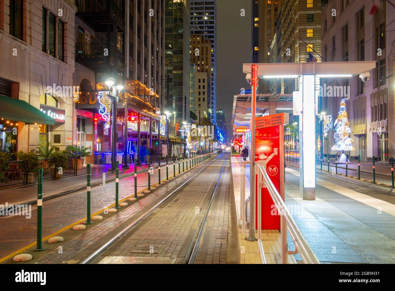 Houston METRORail cars at Main Street Square at night in downtown ...