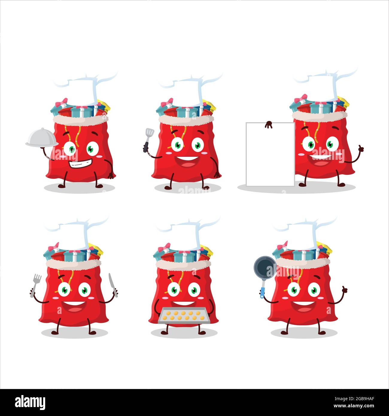 Cartoon character of christmas bag with various chef emoticons. Vector ...