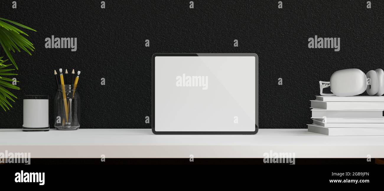 Mockup standing tablet in a modern workspace office interior design ...