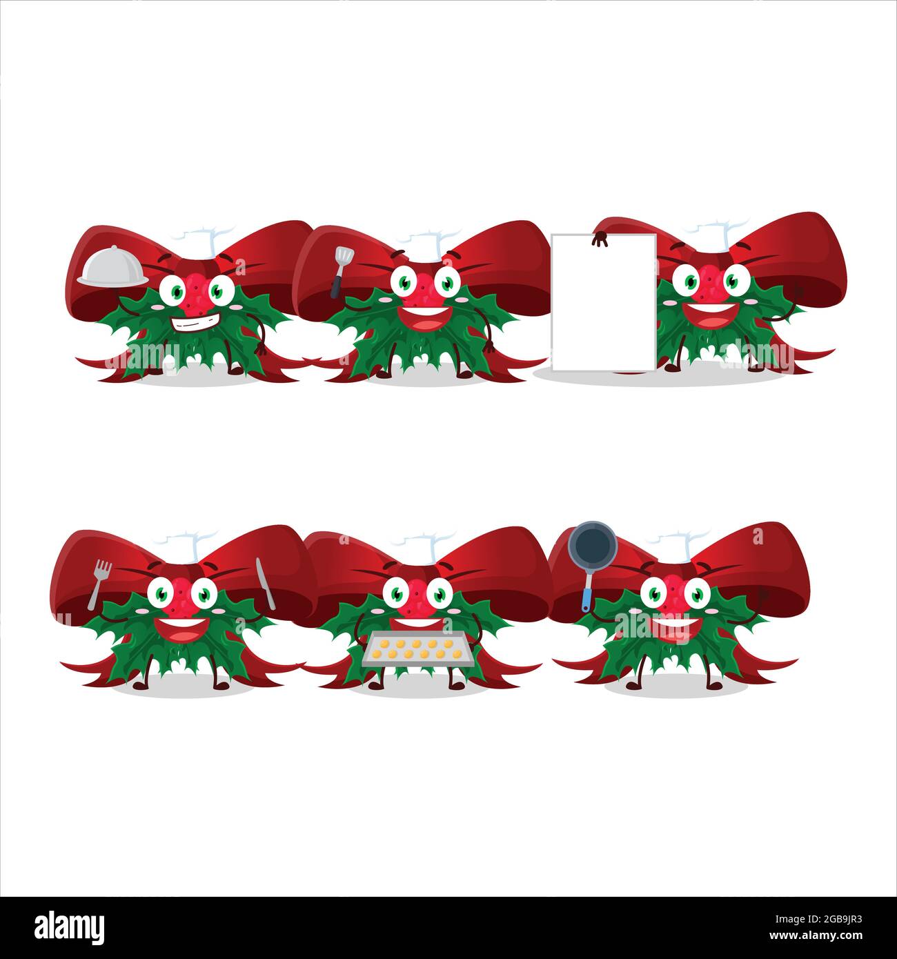 Cartoon character of red bow with holly berry with various chef ...