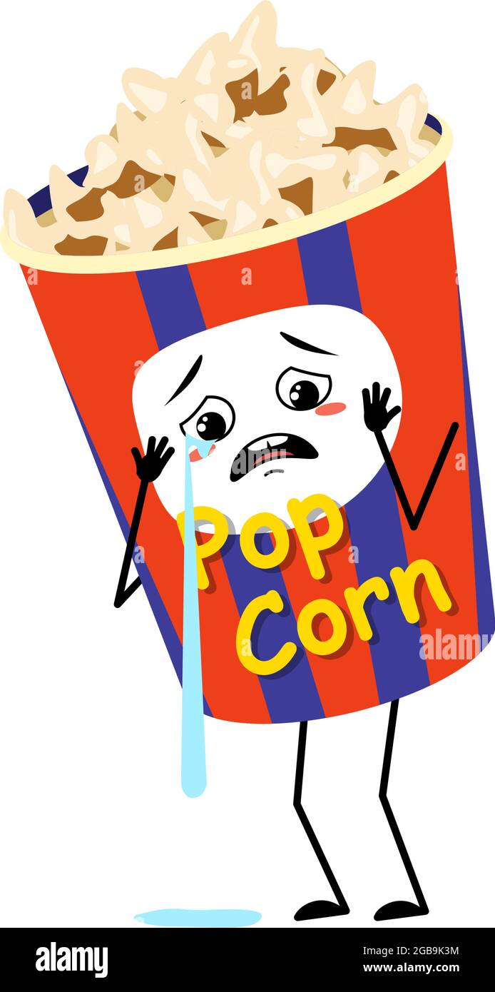 Cute popcorn character in a holiday box with crying and tears emotion ...