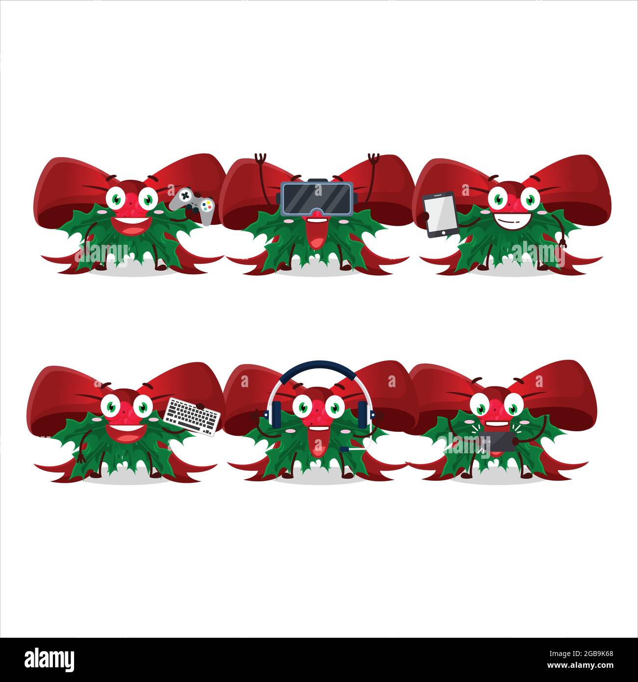 Red bow with holly berry cartoon character are playing games with ...