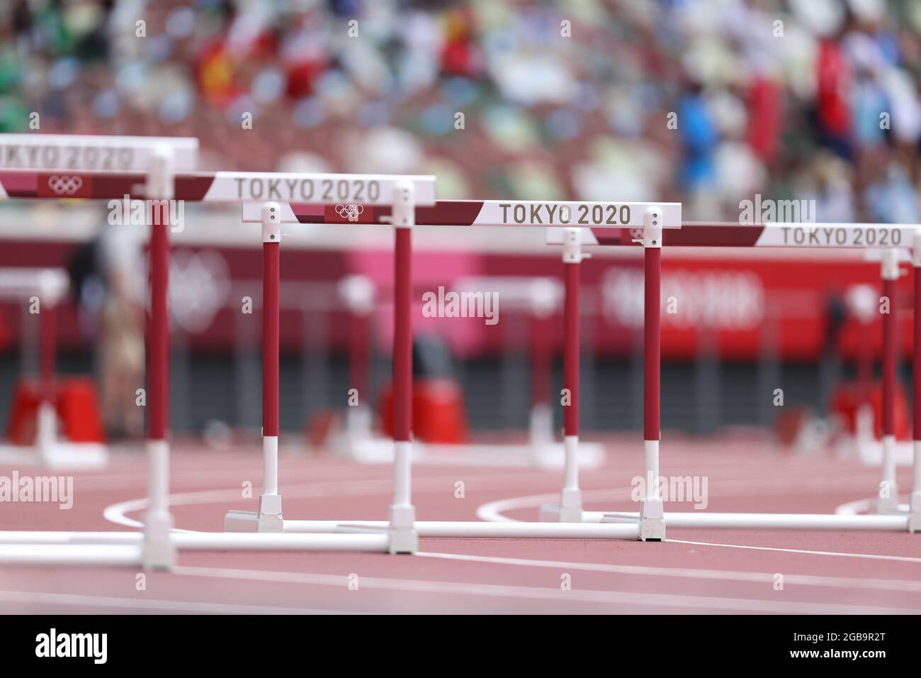 General view of the hurdles lined up for the Men's 400m Hurdles Final ...