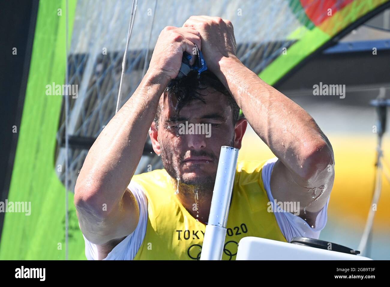 Kanagawa, Japan. 3rd Aug, 2021. Peter Burling of New Zealand reacts ...