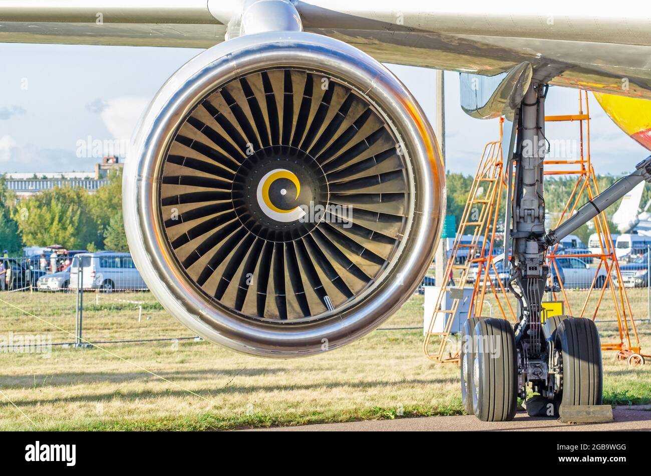 The engine of the aircraft and the landing gear under the wing Stock ...
