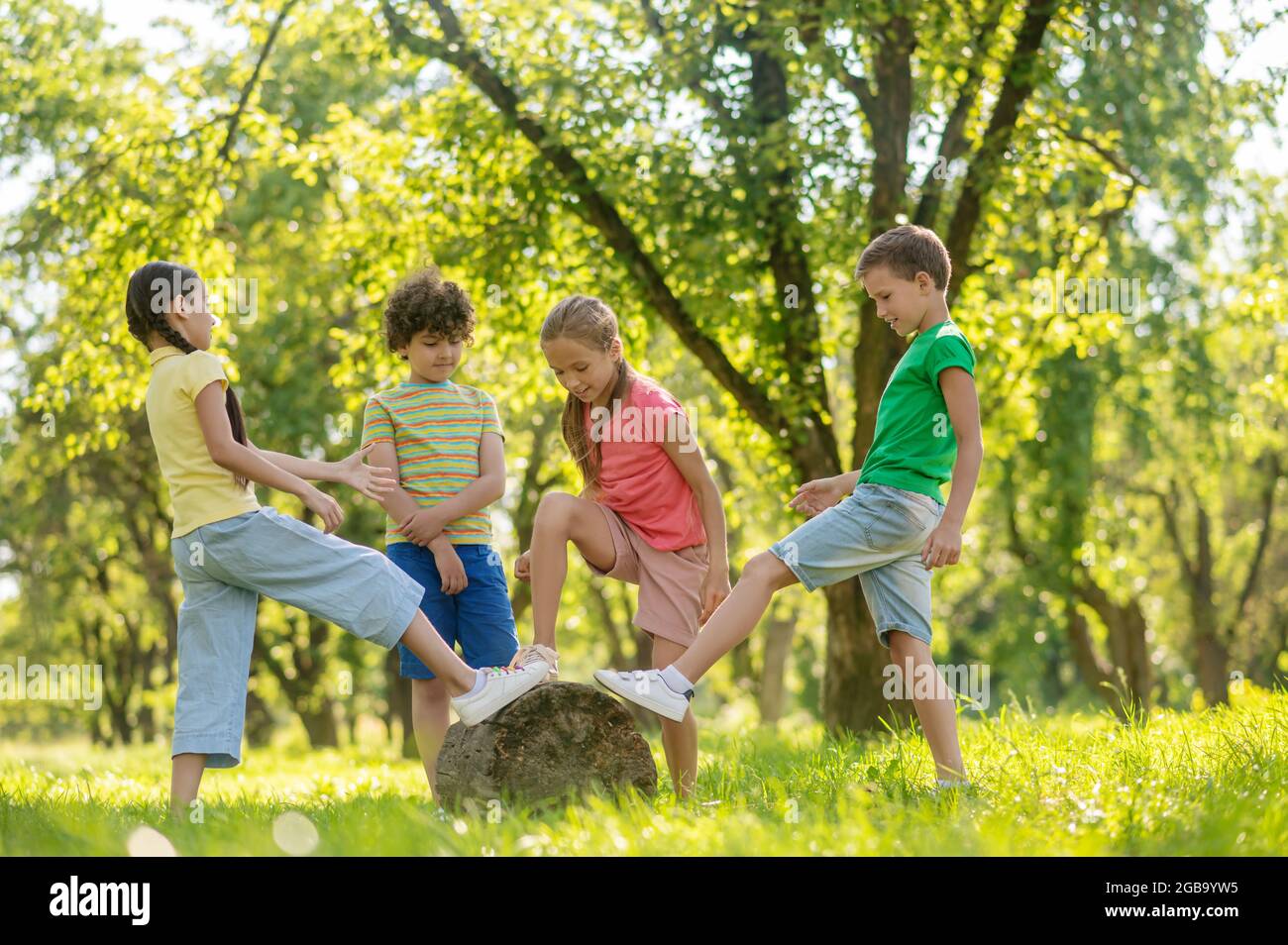 Children playing in green meadow in park Stock Photo - Alamy