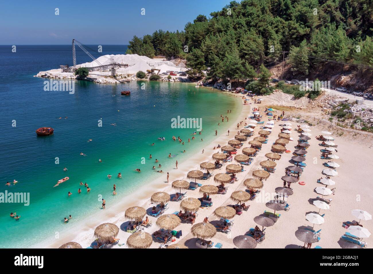 Porto Vathy, Marble Beach, Thassos, Greece- July 19, 2021: aerial view ...