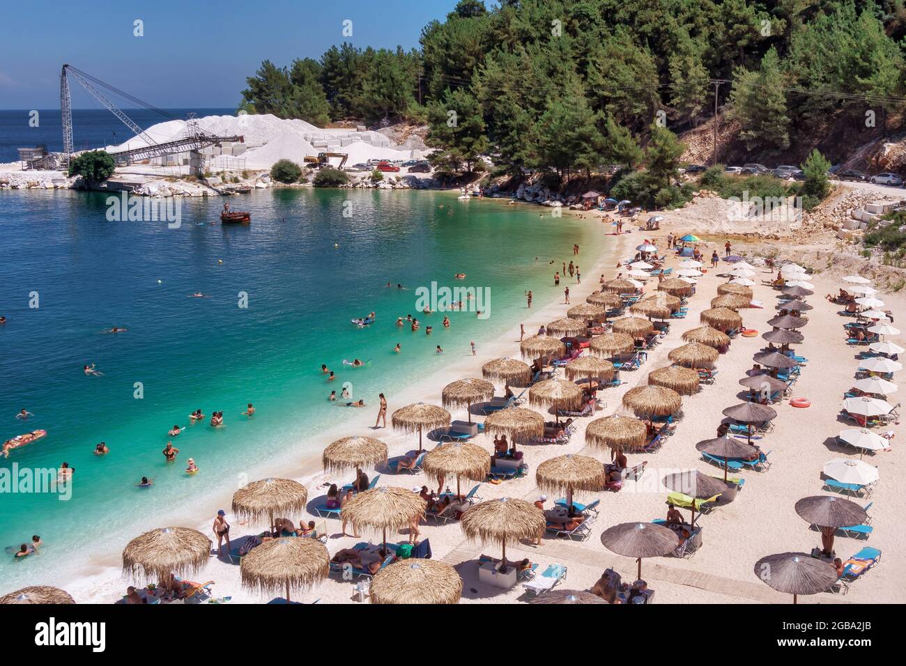 Porto Vathy, Marble Beach, Thassos, Greece- July 19, 2021: aerial view ...